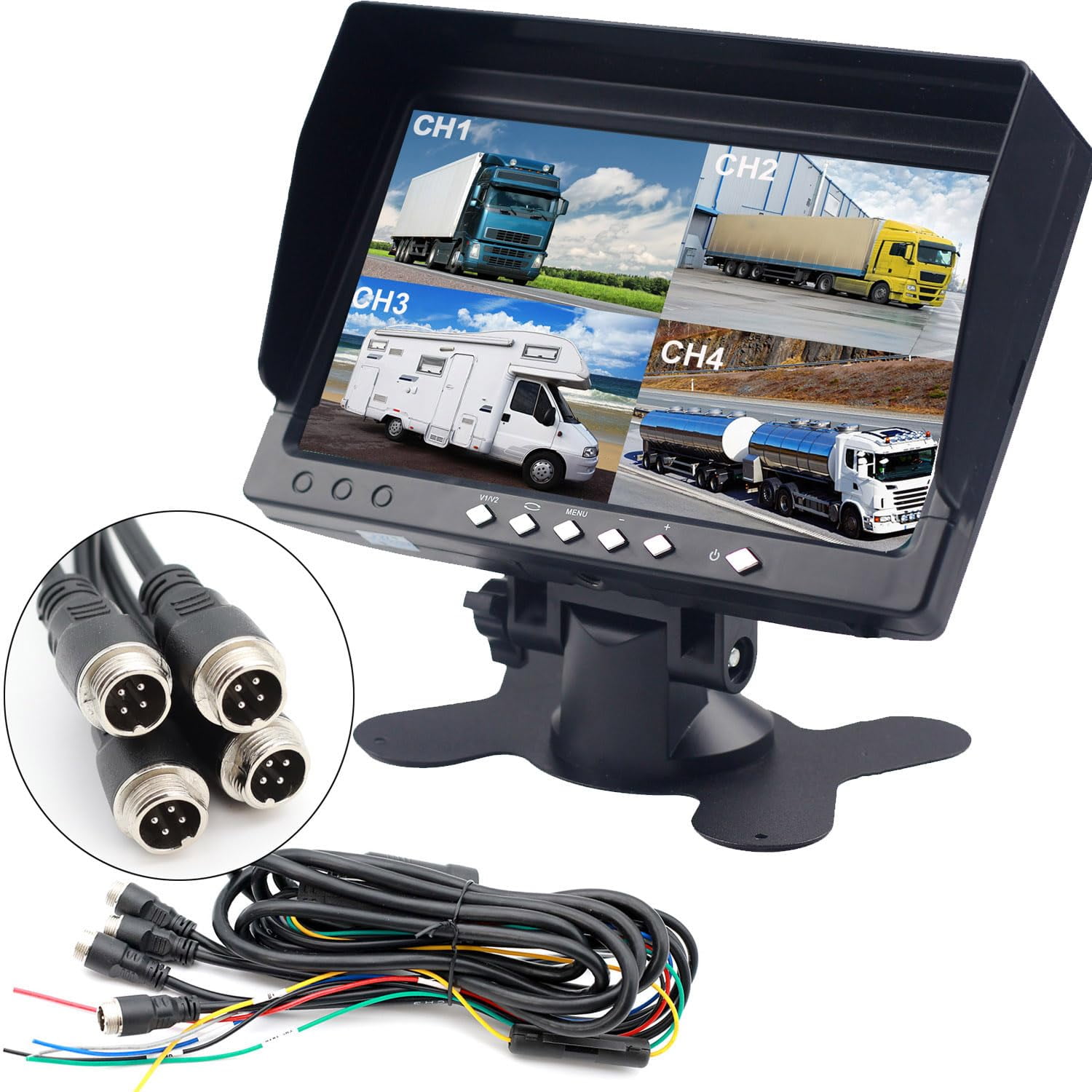 7-inches IPS Monitor 4ch Car Rear View Quad Split,Remote Control, 4-PIN ...