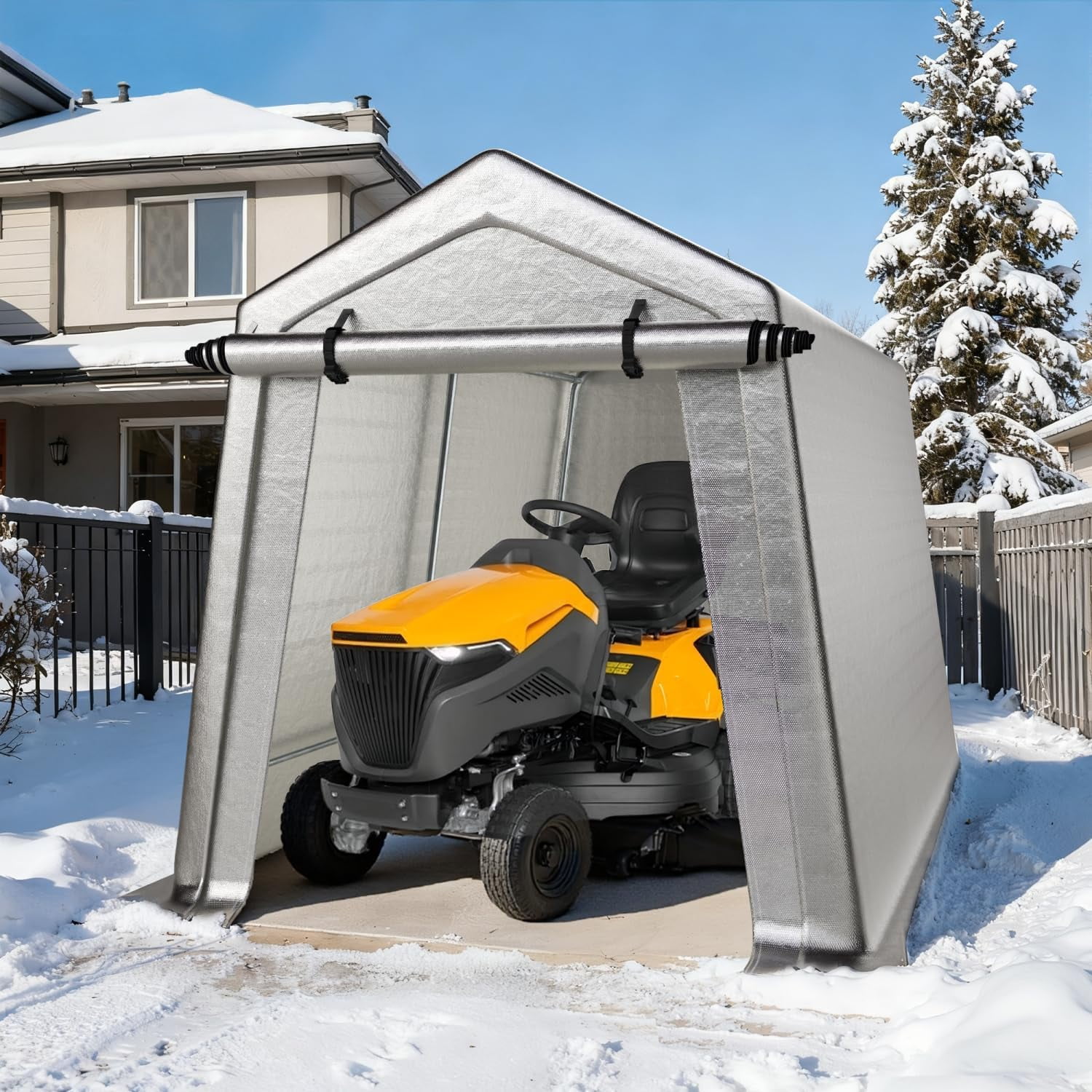 7 x 10 FT Carport, Portable Shed w/220G Heavy Duty Waterproof PE Tarp, Roll-up Zipper Door ...