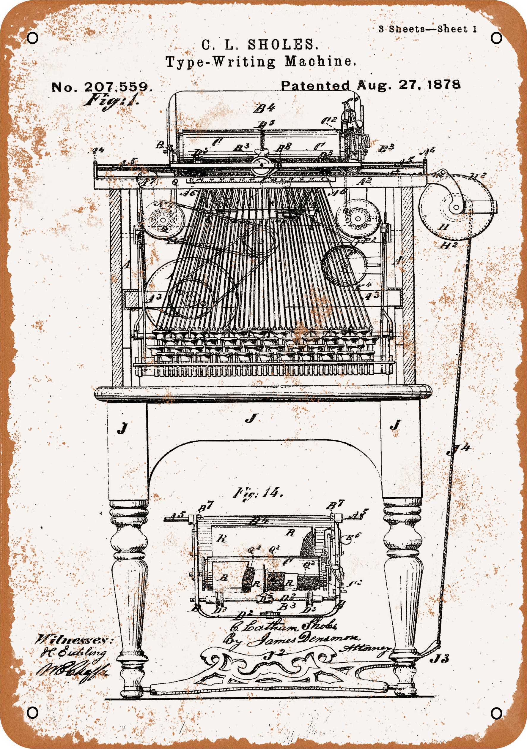 7 x 10 METAL SIGN - 1878 Sholes Typewriter Patent - Vintage Rusty Look ...