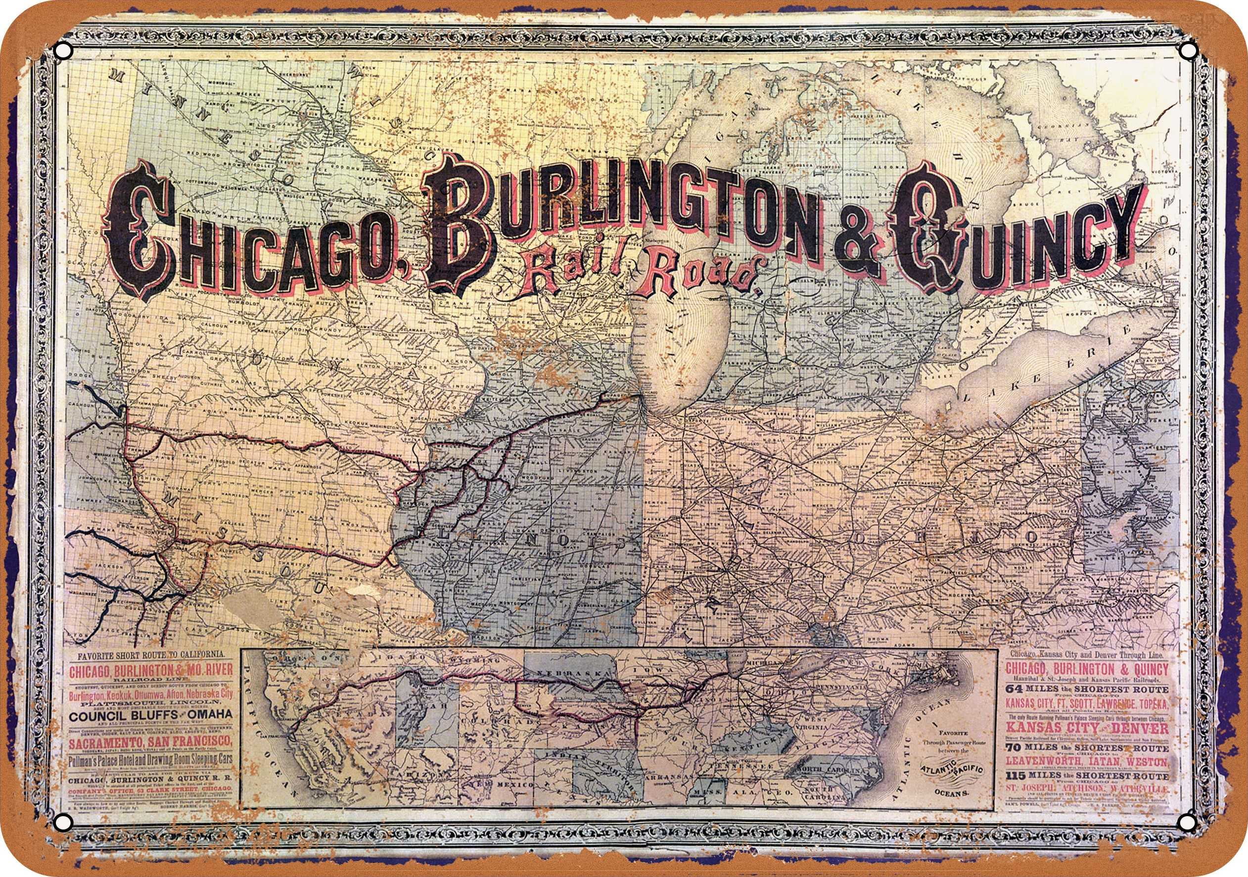 7 x 10 METAL SIGN - 1882 Chicago, Burlington & Quincy Railroad Map ...