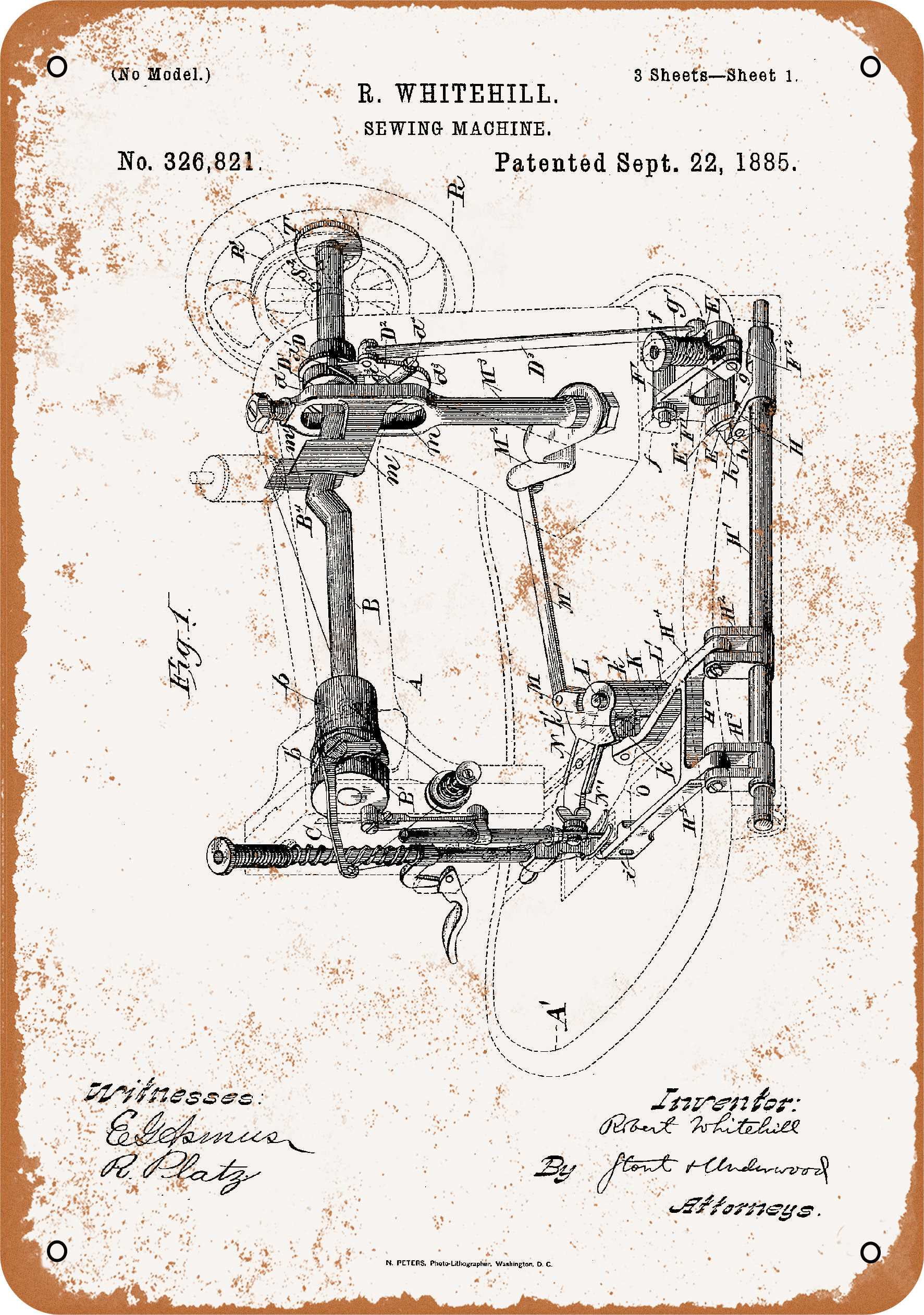7 x 10 METAL SIGN - 1885 Whitehill Sewing Machine Patent - Vintage ...