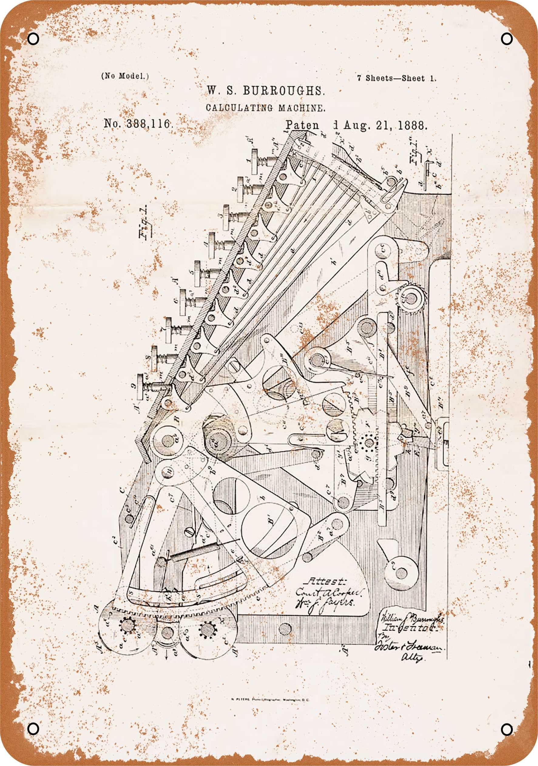 7 x 10 METAL SIGN - 1888 Burroughs Calculating Machine Patent - Vintage ...