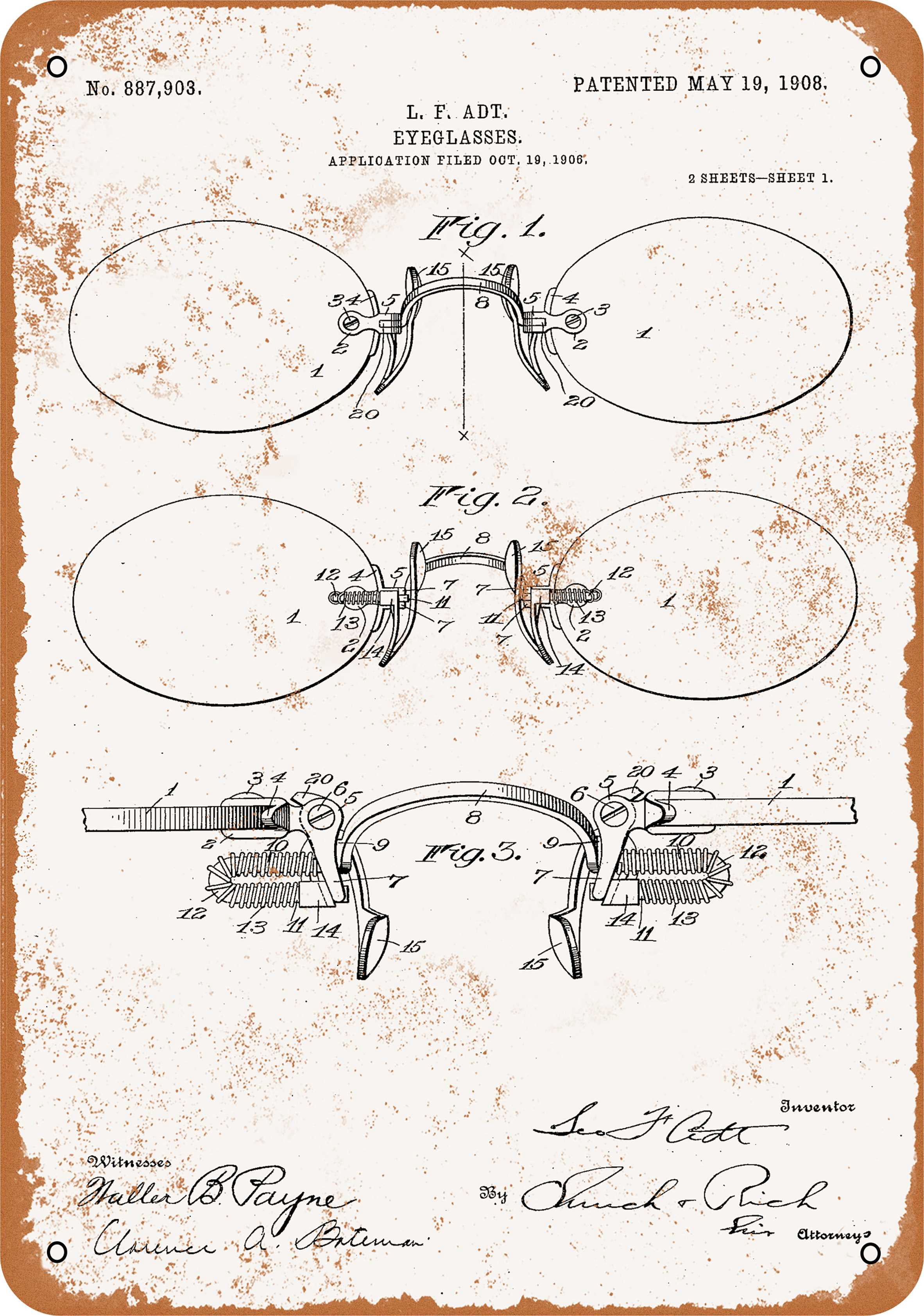7 x 10 METAL SIGN - 1908 Eyeglasses Patent - Vintage Rusty Look ...