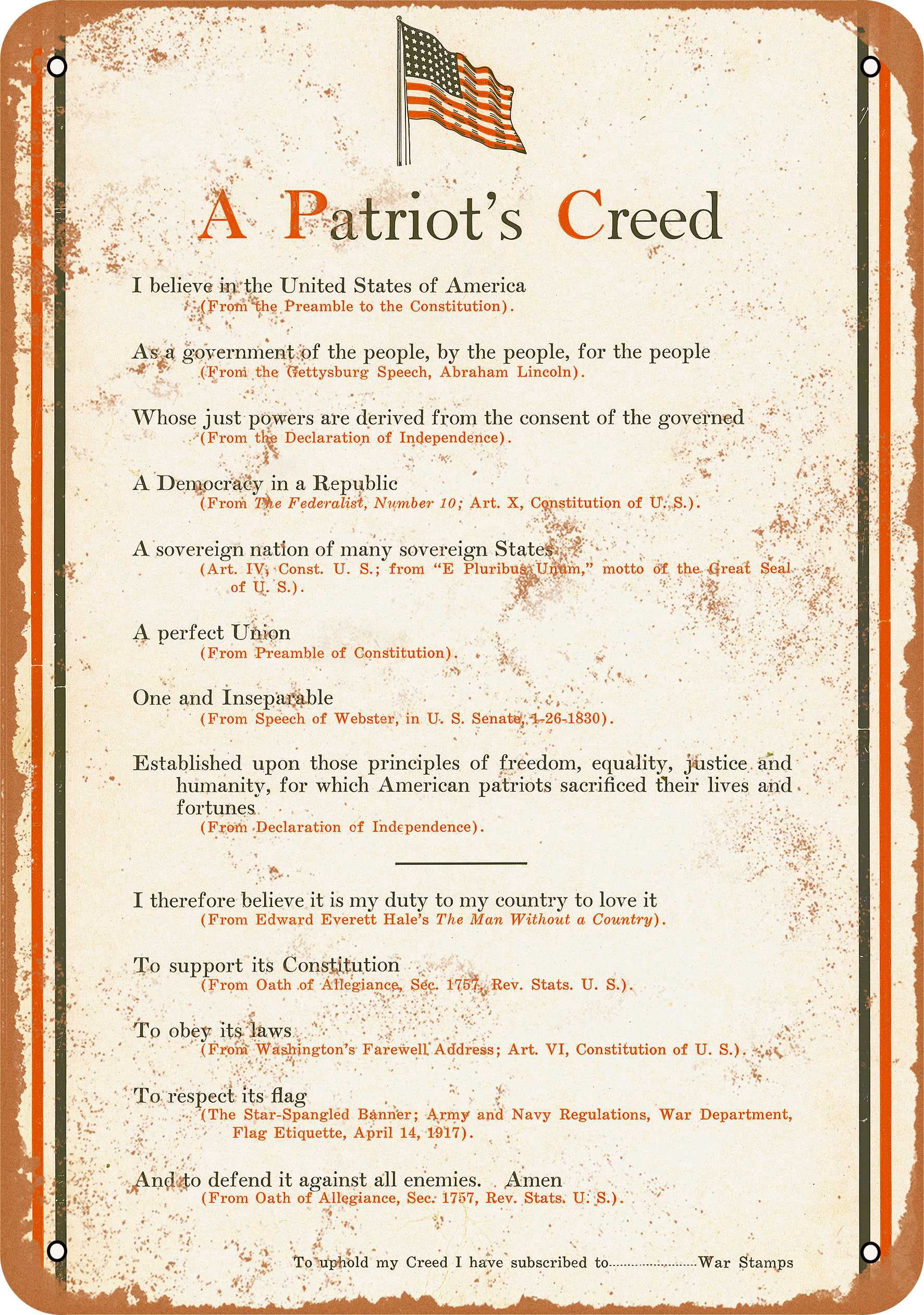 7 x 10 METAL SIGN - 1918 War Stamps A Patriot's Creed - Vintage Rusty ...