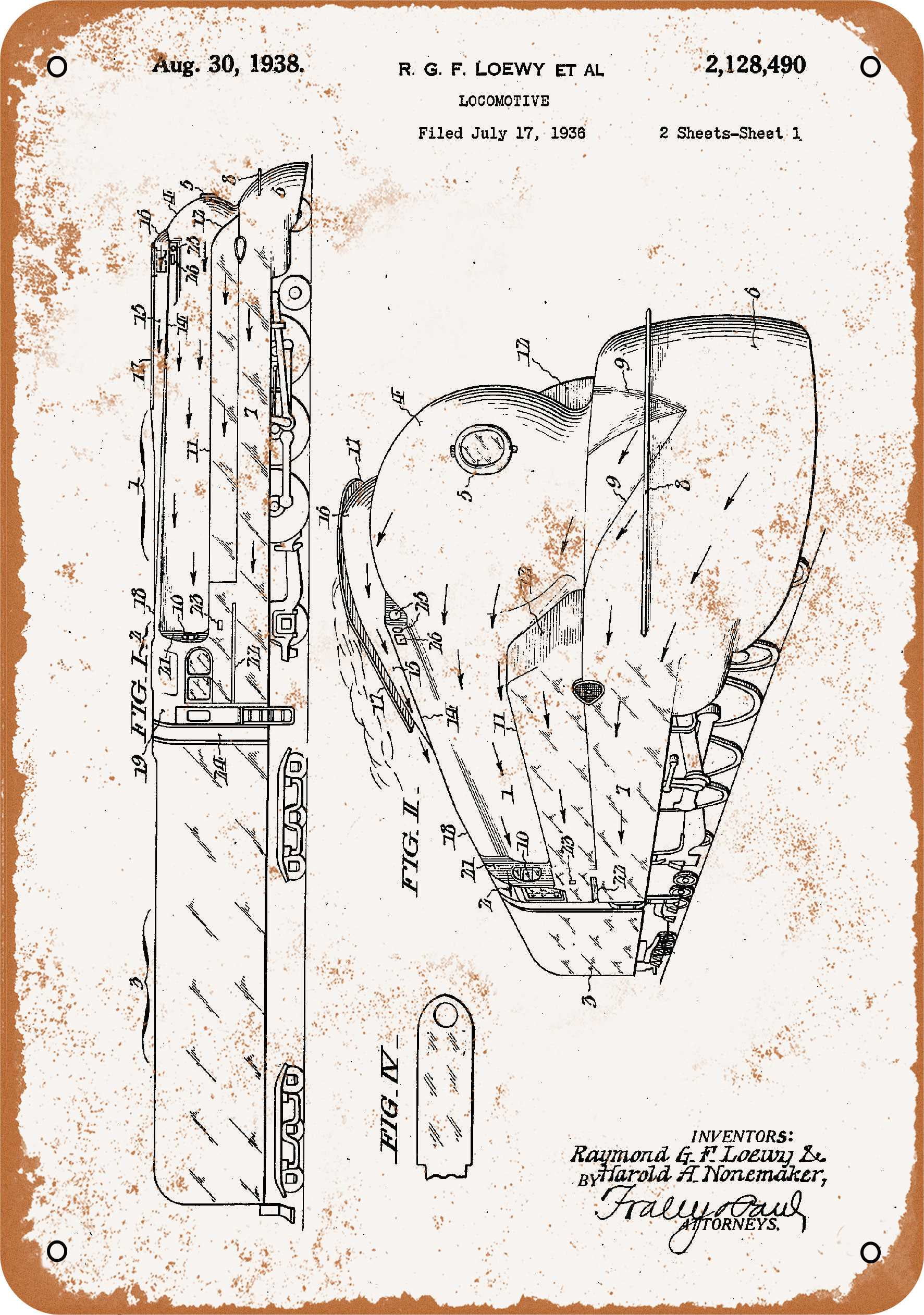 7 x 10 METAL SIGN - 1938 Raymond Loewy Streamline Locomotive Patent ...