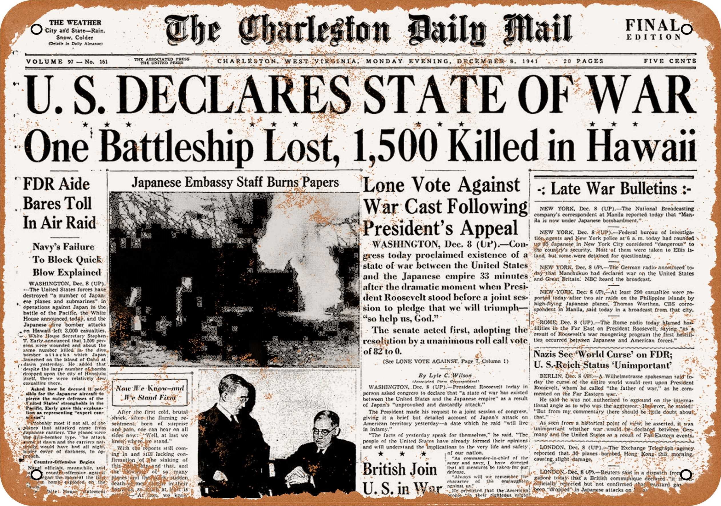 7 x 10 METAL SIGN - 1941 Pearl Harbor Attack U.S. Declares War ...