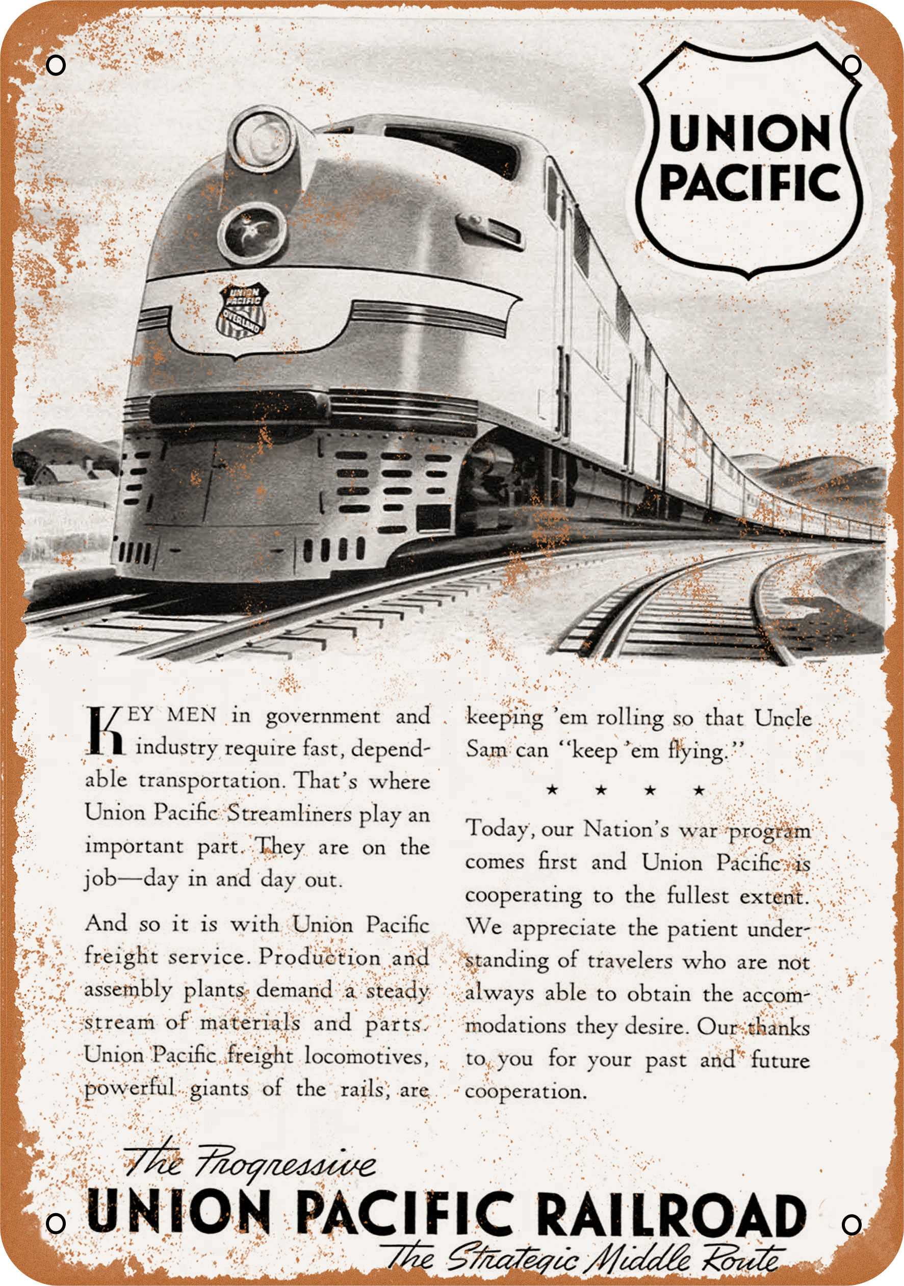 7 x 10 METAL SIGN - 1942 Union Pacific Railroad at War - Vintage Rusty ...
