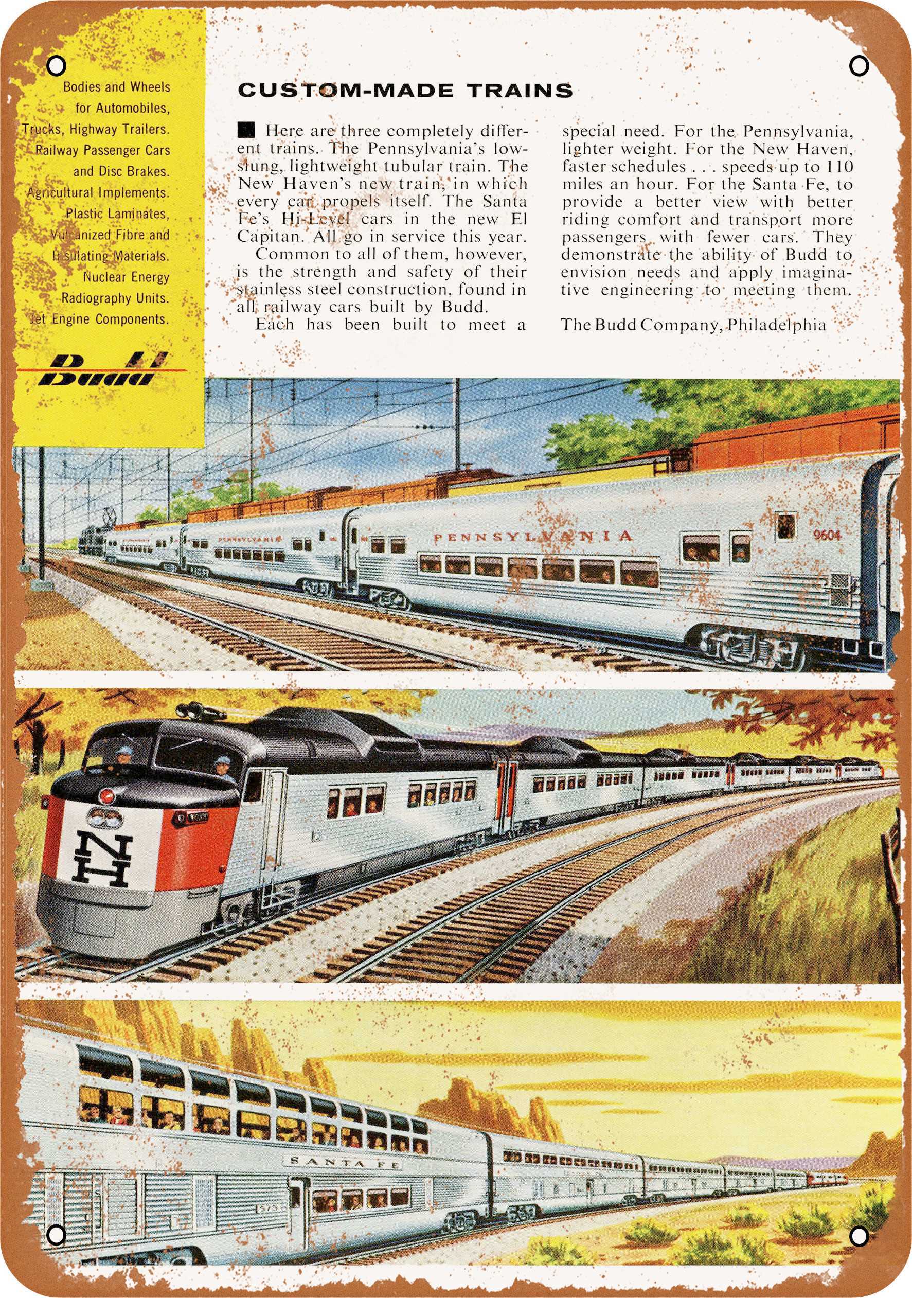 7 x 10 METAL SIGN - 1956 Budd New Haven PRR and Santa Fe Cars - Vintage ...