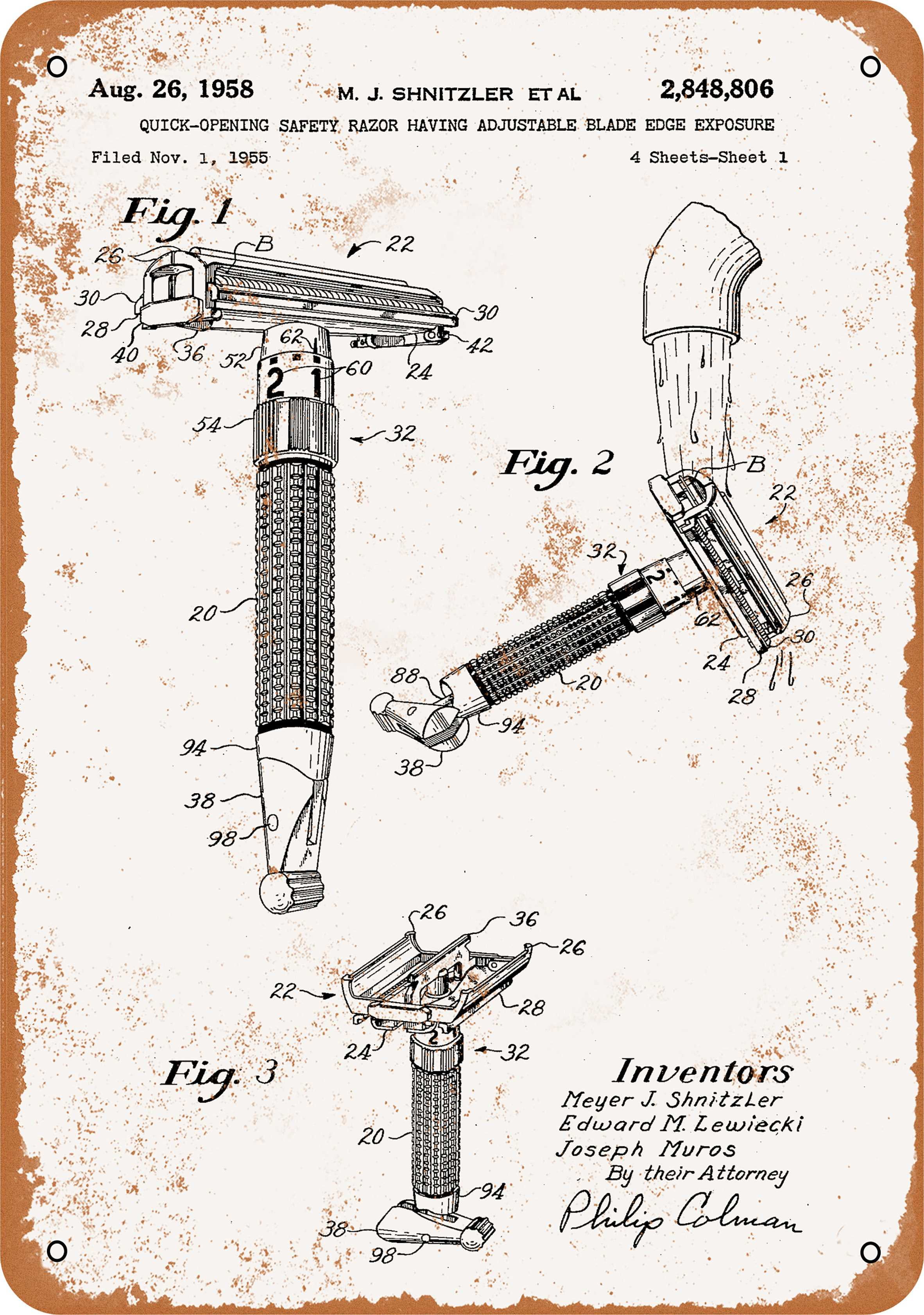 7 x 10 METAL SIGN - 1958 Safety Razor Patent - Vintage Rusty Look ...