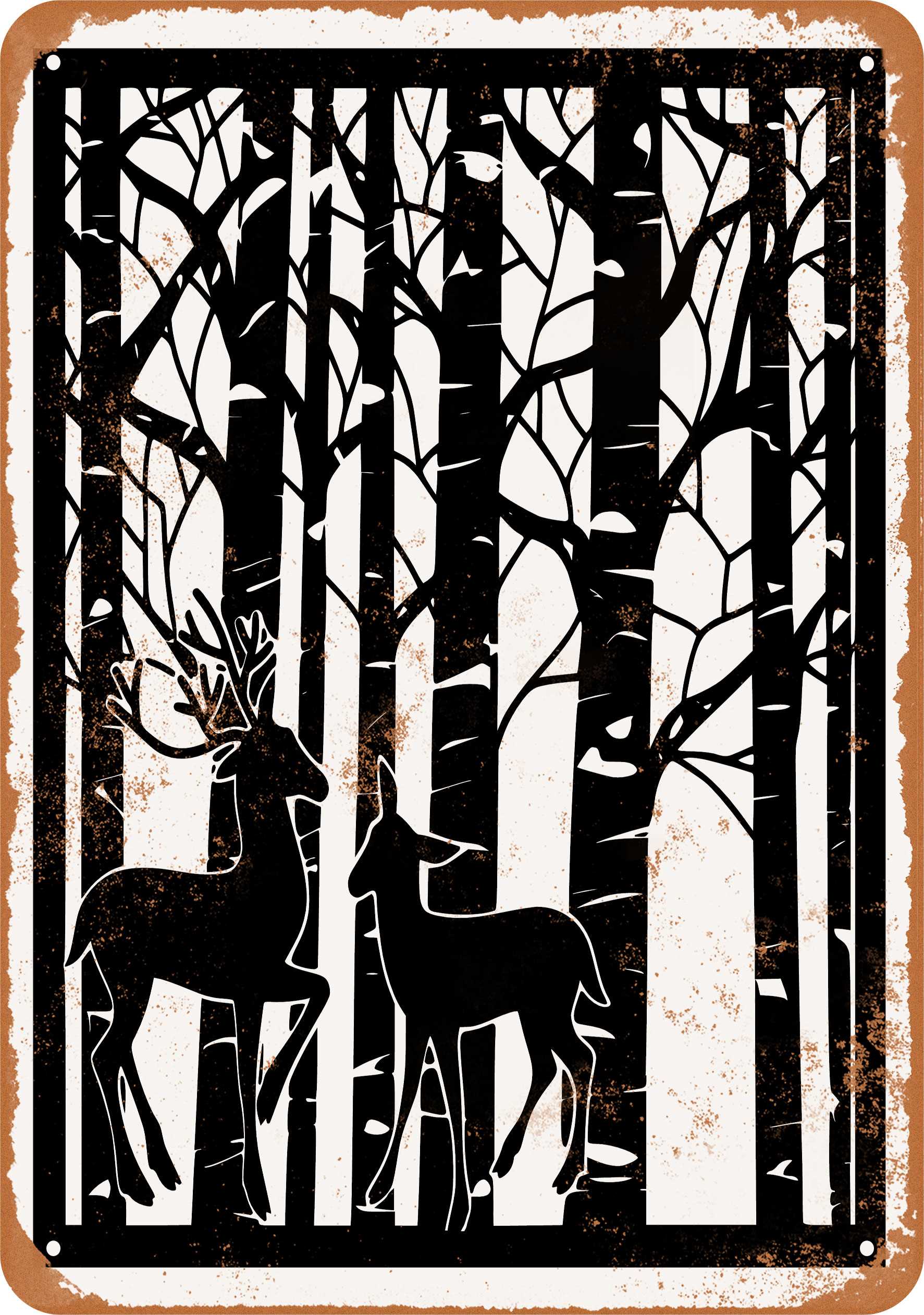 7 x 10 METAL SIGN - Birch Tree Deer (Dark Background) - Vintage Rusty ...