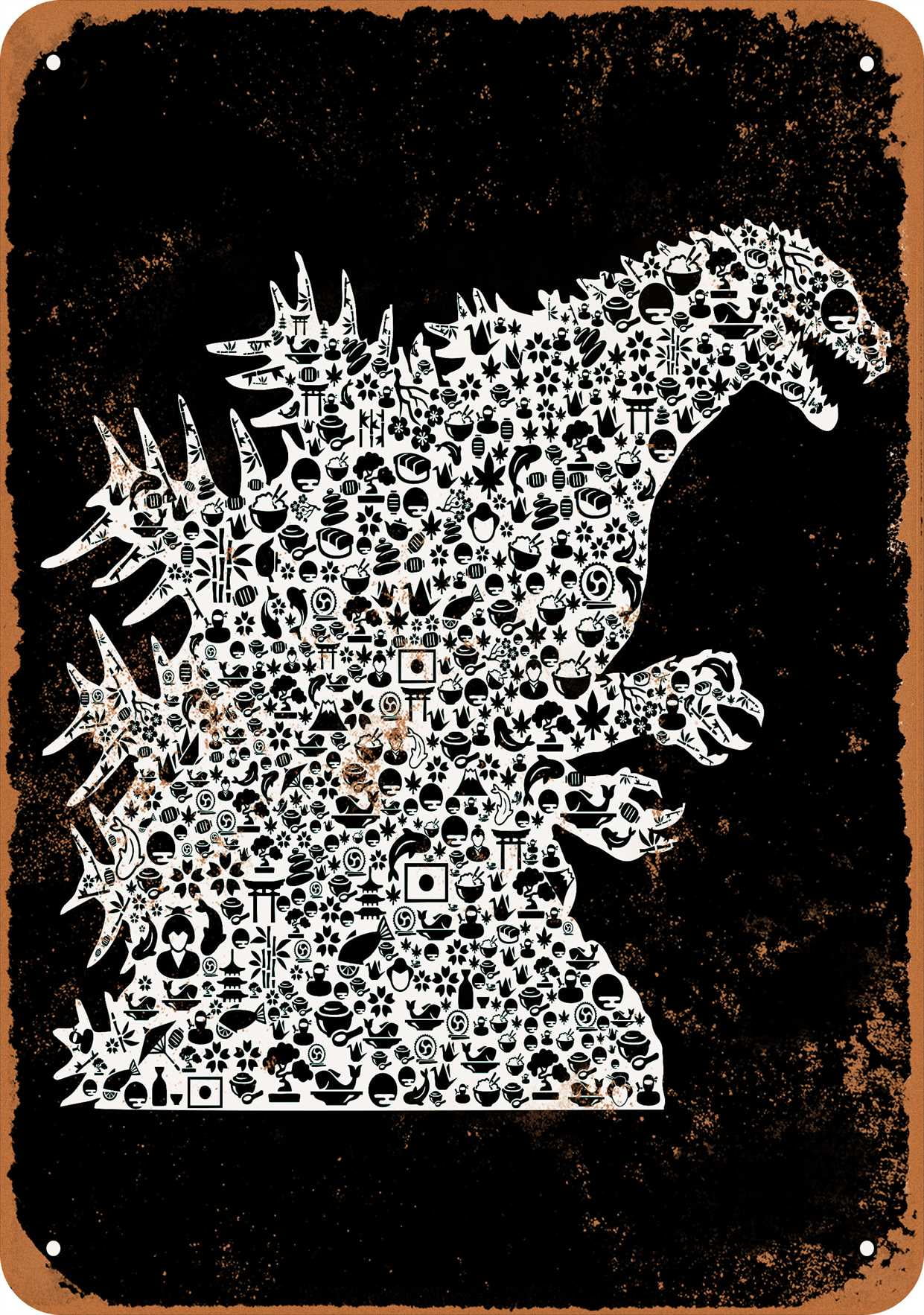 7 x 10 METAL SIGN - Godzilla Made of Japanese Icons (Dark Background ...