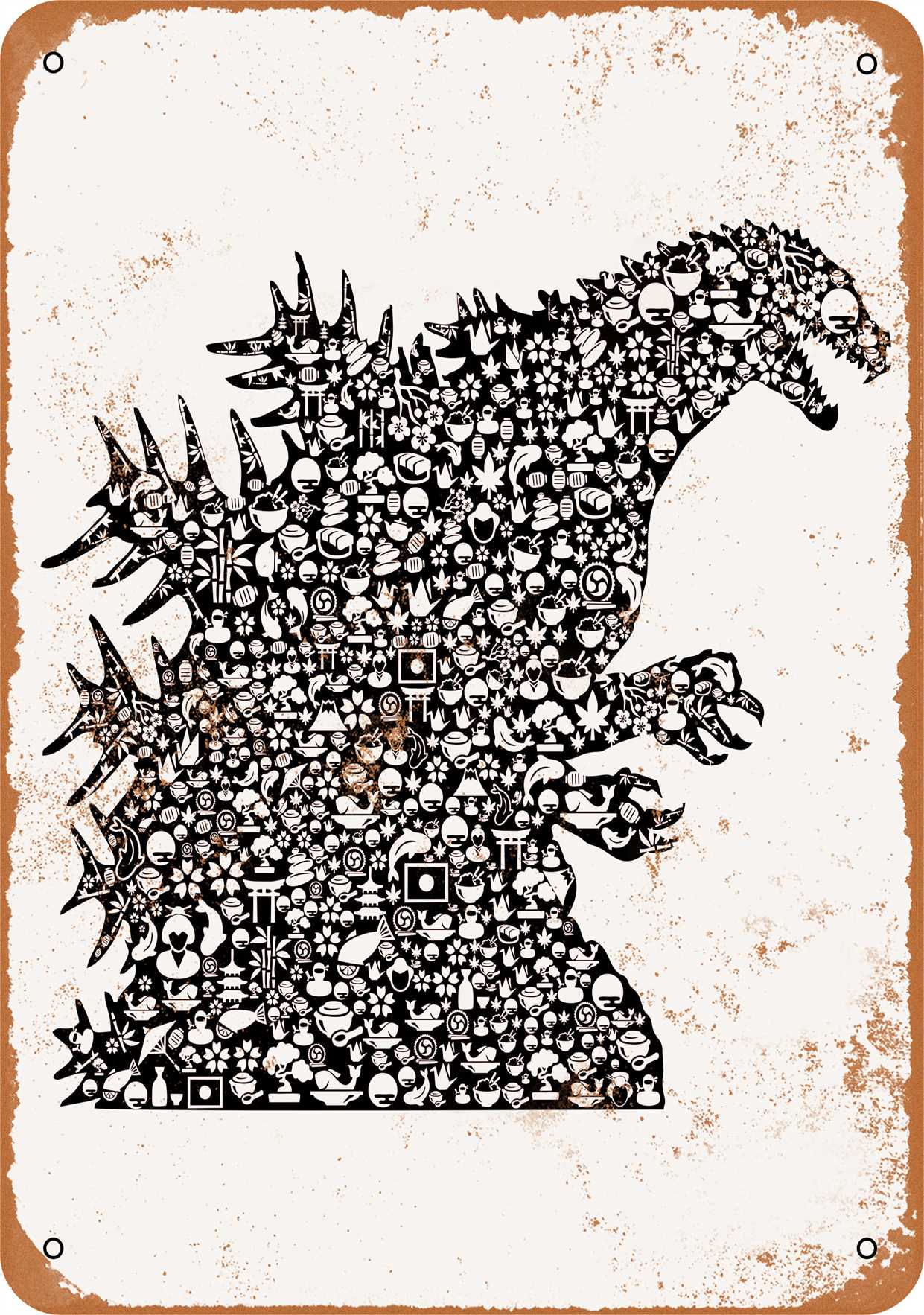 7 x 10 METAL SIGN - Godzilla Made of Japanese Icons - Vintage Rusty ...