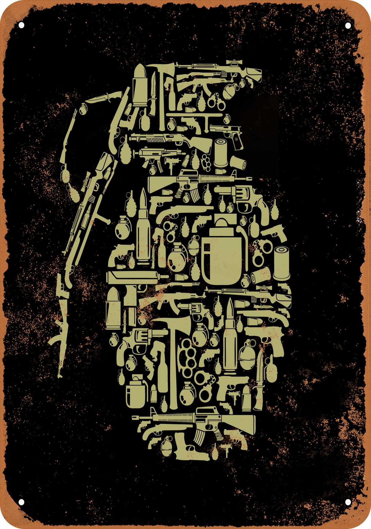 7 x 10 METAL SIGN - Grenade Made of Weapon Icons (Dark Background ...