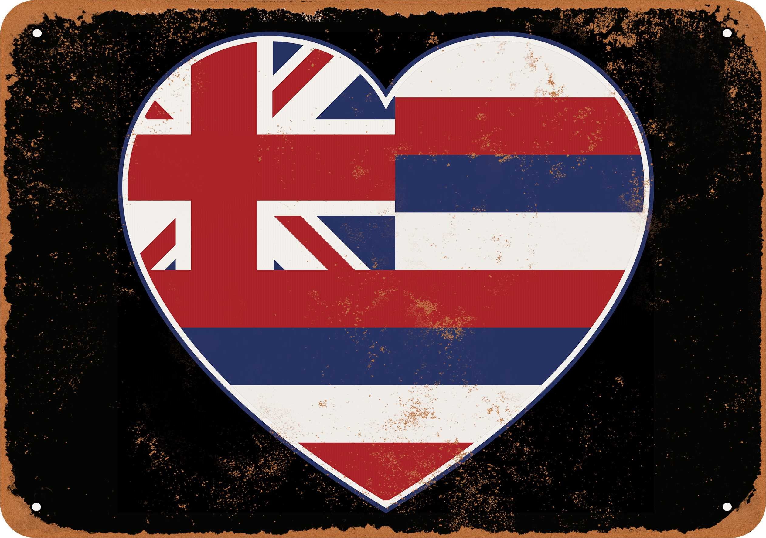 7 x 10 METAL SIGN - Hawaii Heart Flag (Dark Background) - Vintage Rusty ...