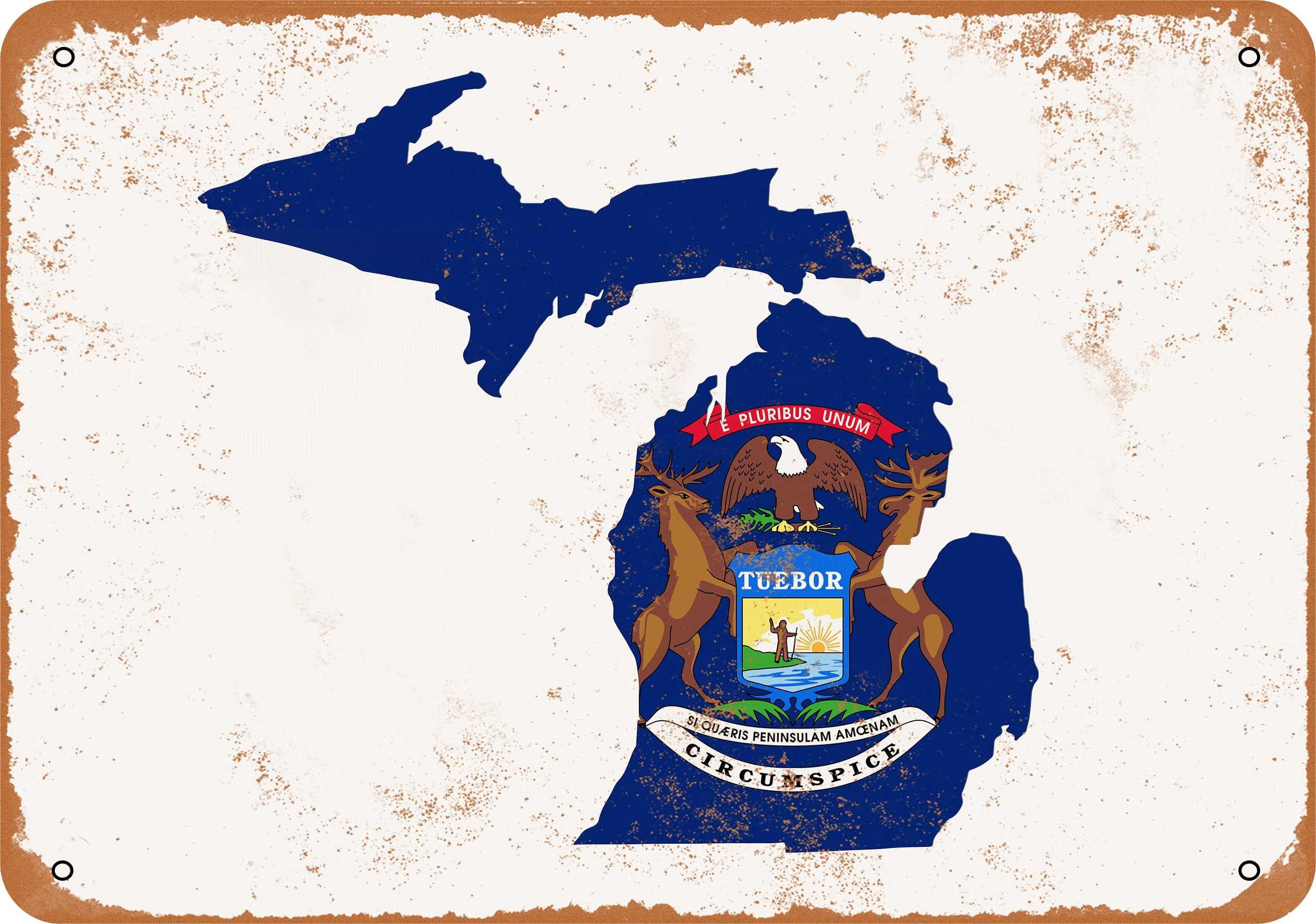 7 x 10 METAL SIGN - Michigan State Flag Design - Vintage Rusty Look ...