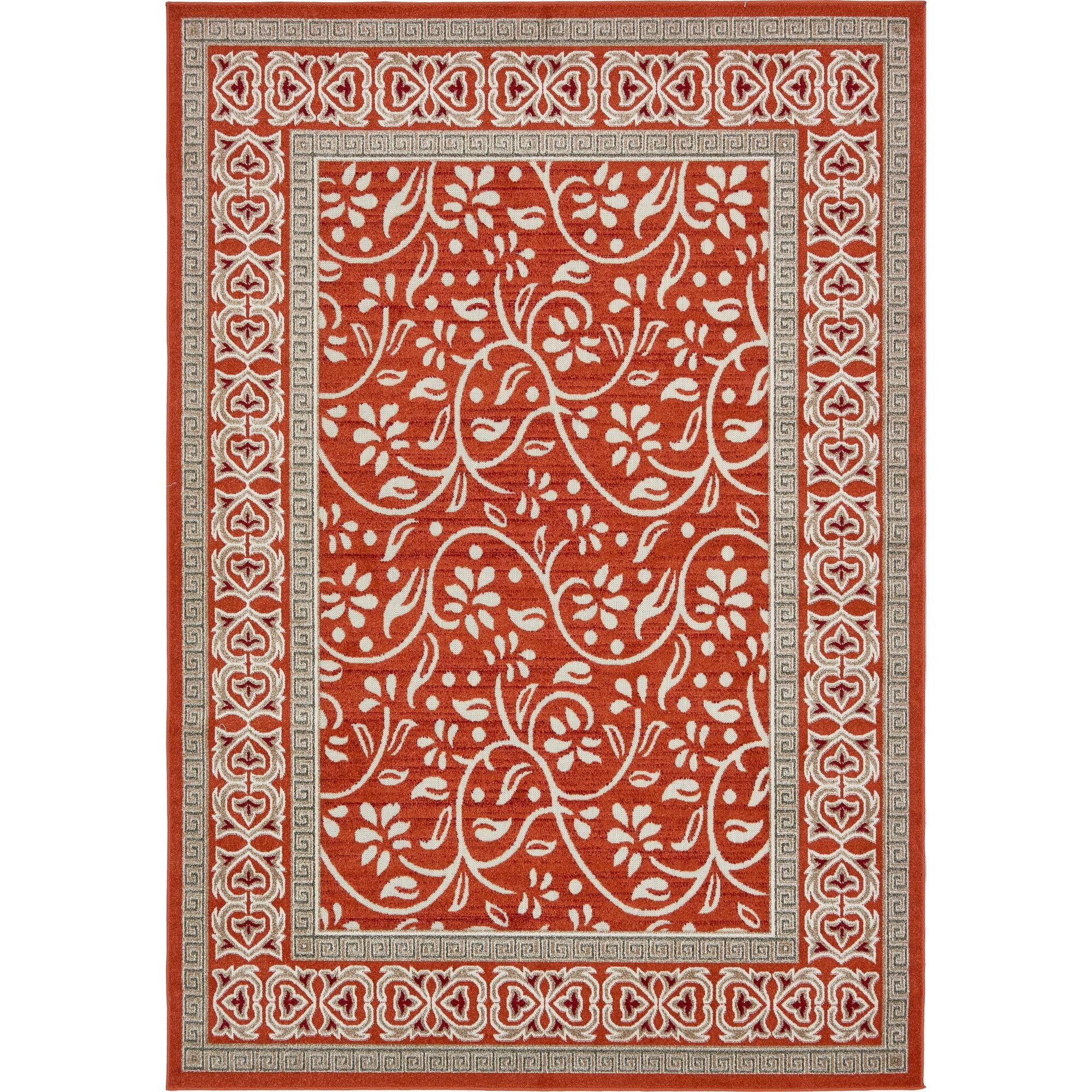 7' x 10' Rust Red and Beige Floral Border Rectangular Outdoor Area ...