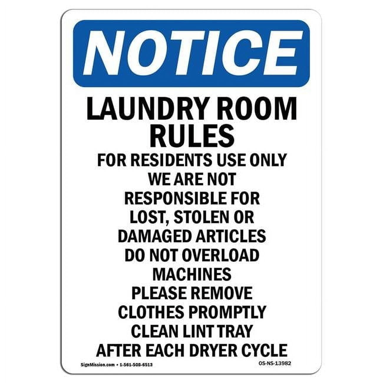 7 x 10 in. OSHA Notice Sign - Laundry Room Rules for Residents ...
