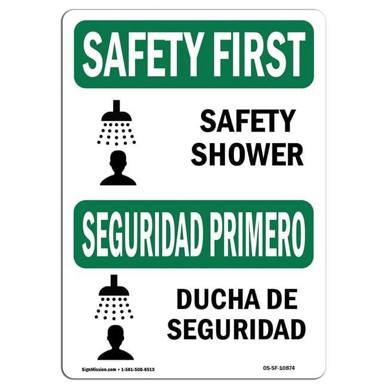 7 x 10 in. OSHA Safety First Sign - Safety Shower with Symbol Bilingual ...