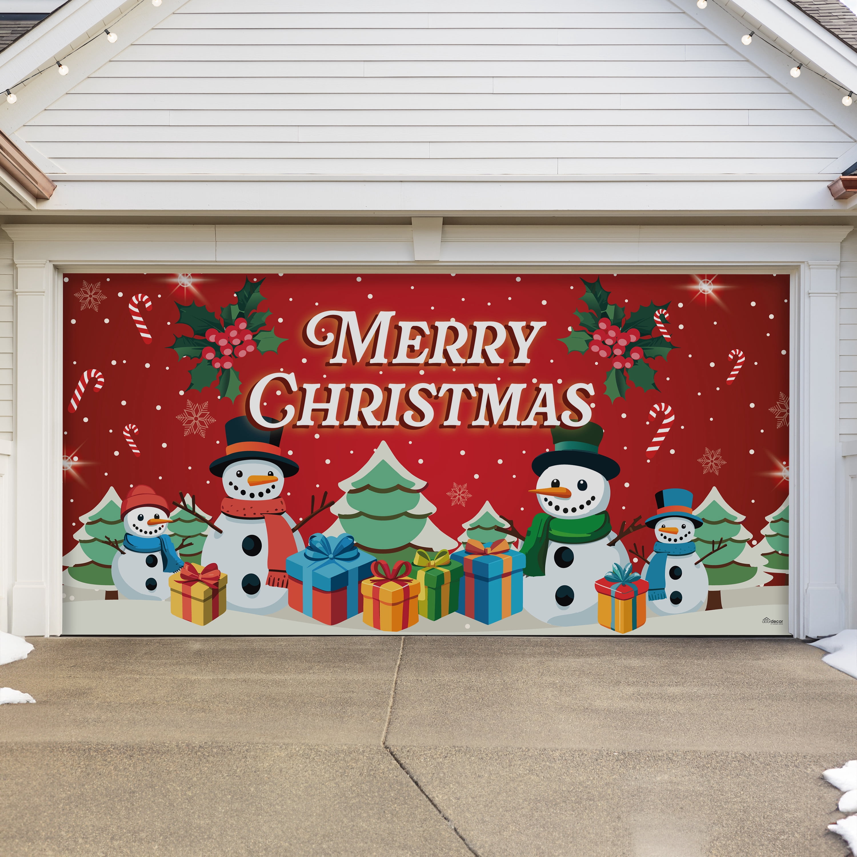 7' x 16' Red Snowman and Trees Double Garage Door Banner - Christmas ...