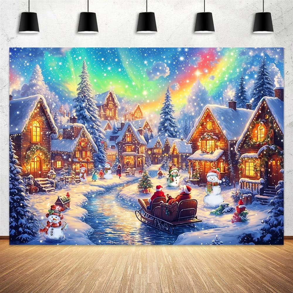 7 x 5 ft Christmas Village Backdrop Colorful Winter Snow Night Pine ...