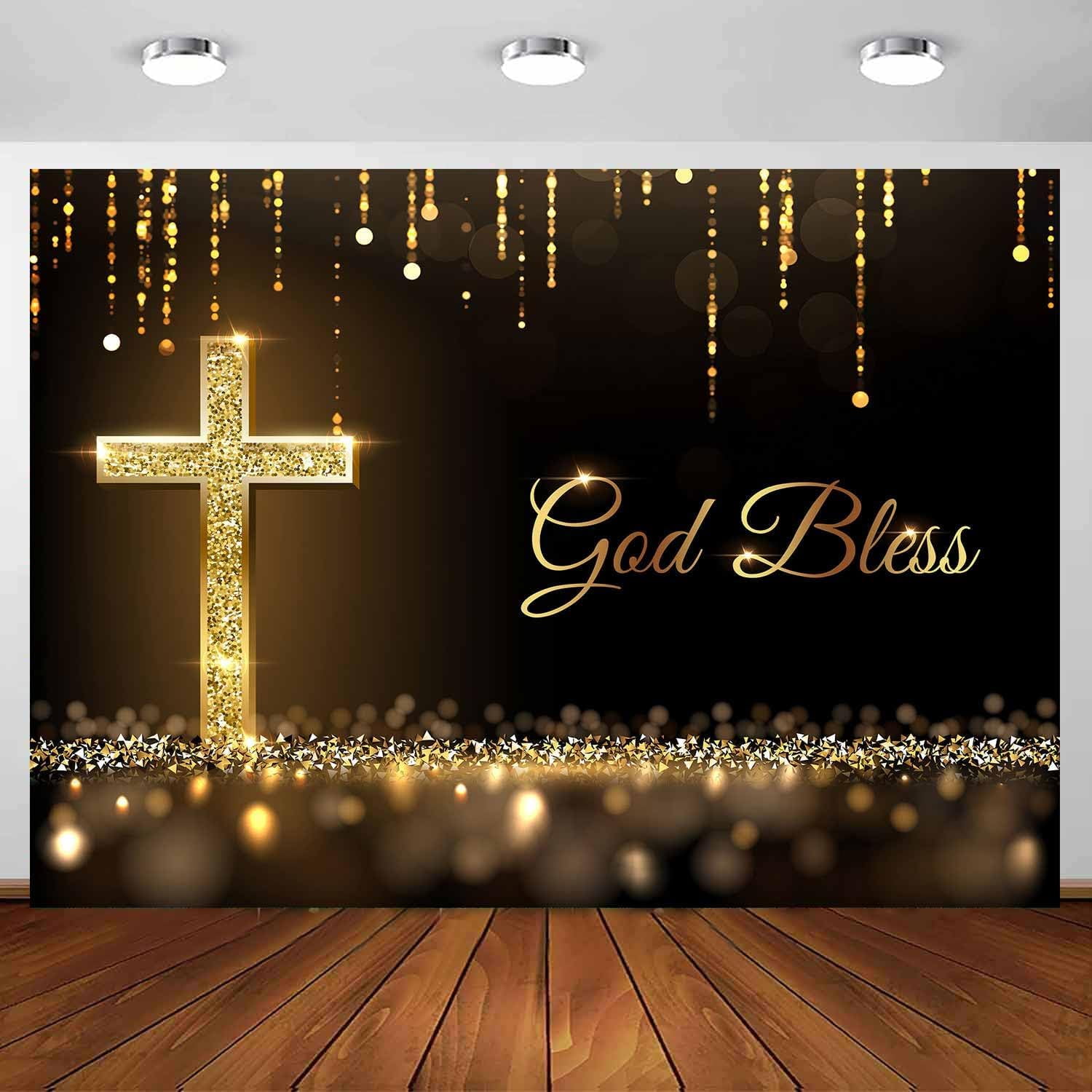 7 x 5 ft Cross Backdrop, Golden Gliitter God Bless Backdrop Baptism ...
