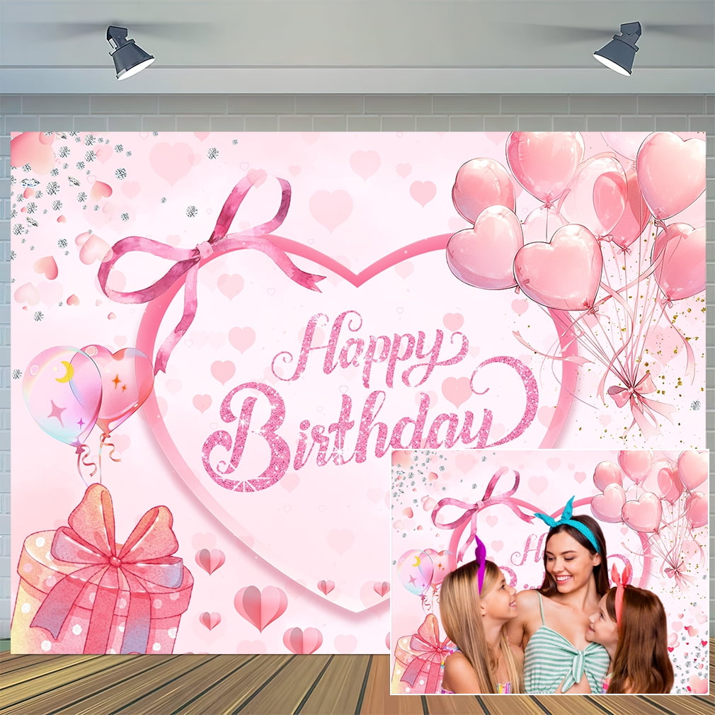 7 x 5 ft Pink Bow Happy Birthday Backdrop Bowknot Heart Birthday ...