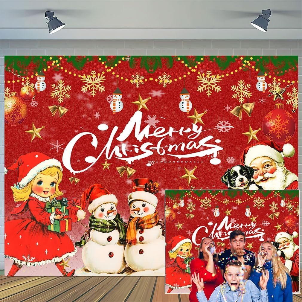 7 x 5 ft Vintage Christmas Backdrop Retro Red Merry Christmas Snowman ...