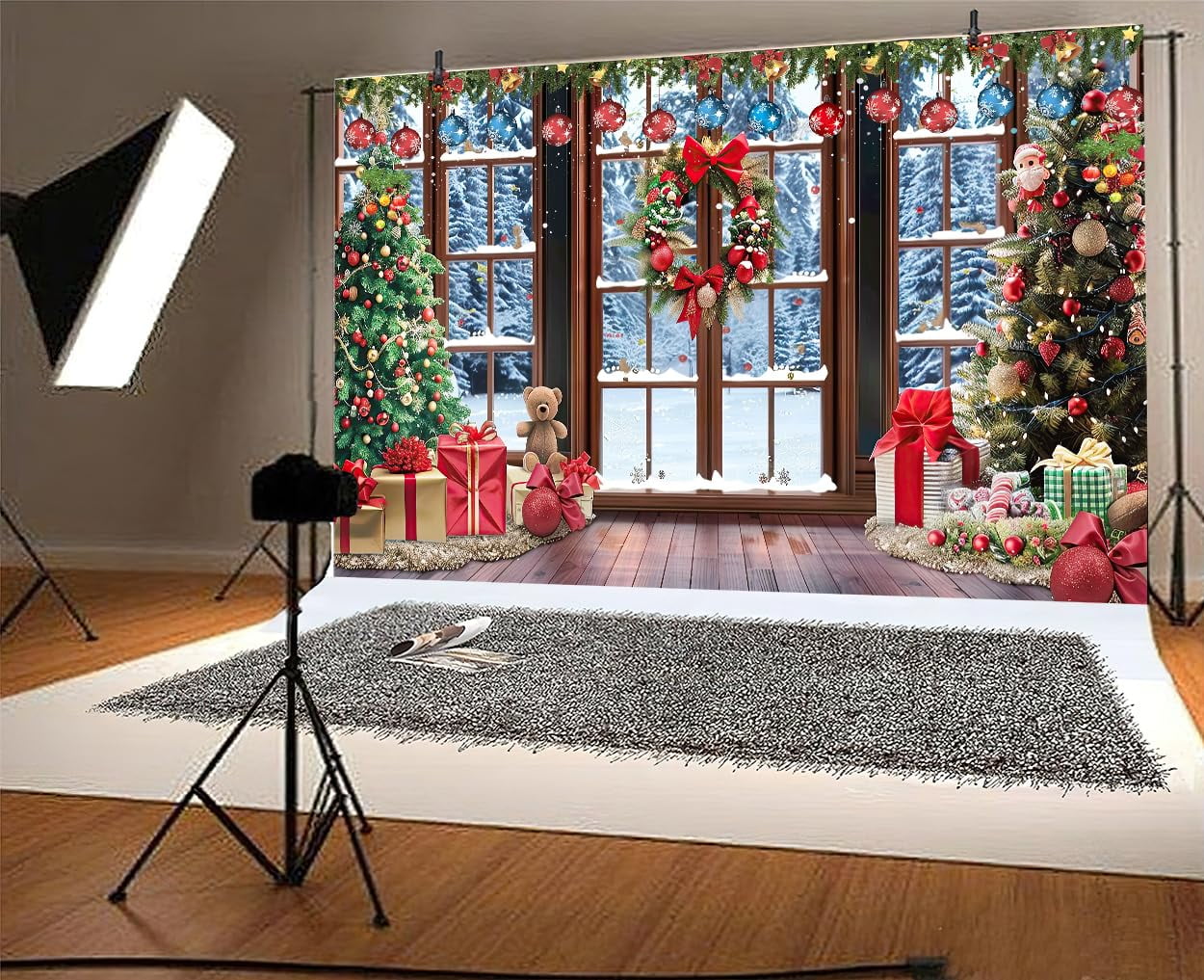 7 x 7 ft Christmas Window Winter Natural Scenery Backdrop Art Red Xmas ...