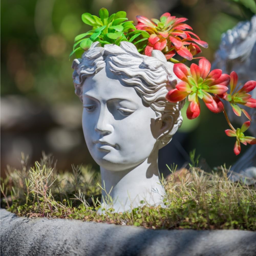 7"x7"x11" Gray Cement Lady Head Planter in Greek Style - Perfect for ...