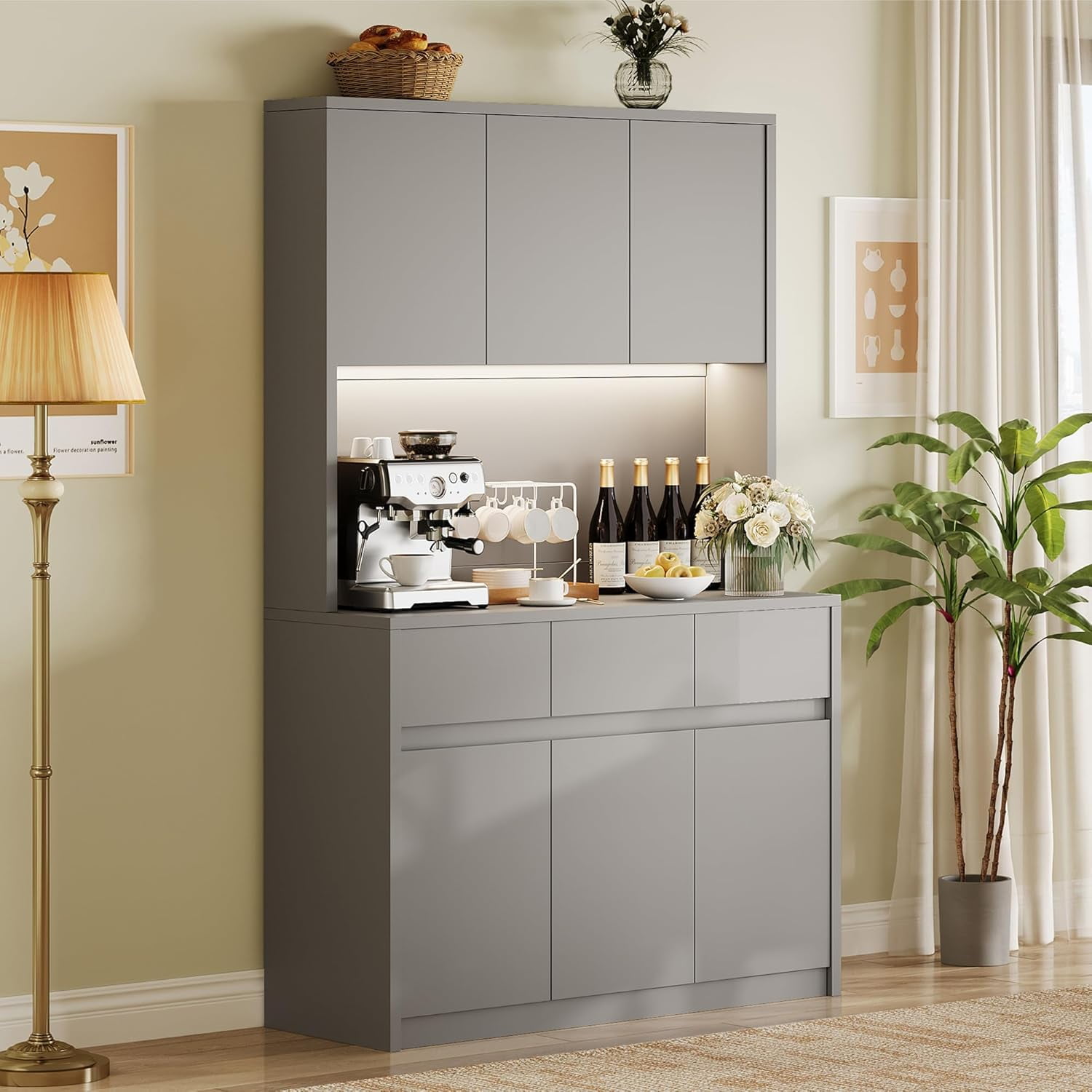 70.1''Kitchen Pantry Hutch With Charge Station & Led Light,Kitchen ...