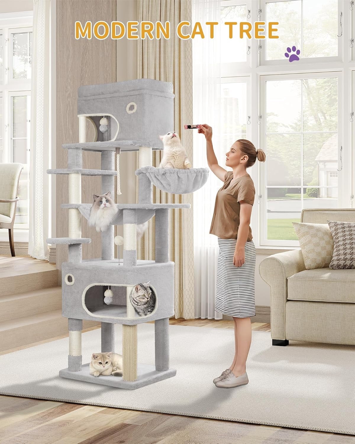70.1" Multi-Layer Cat Tree with Large Platform, 2 Caves, 7 Sisal Posts ...