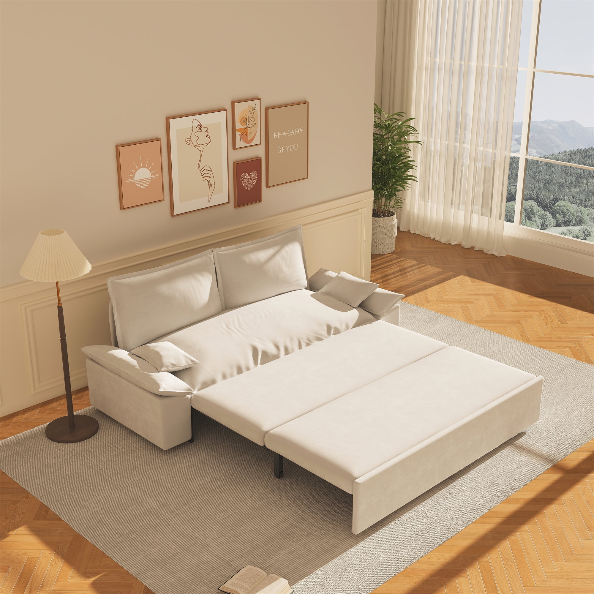 "70.1"" Queen Pull Out Couch, 3-in-1 Convertible Sofa with Storage, 2 Pillows, Velvet Loveseat ...