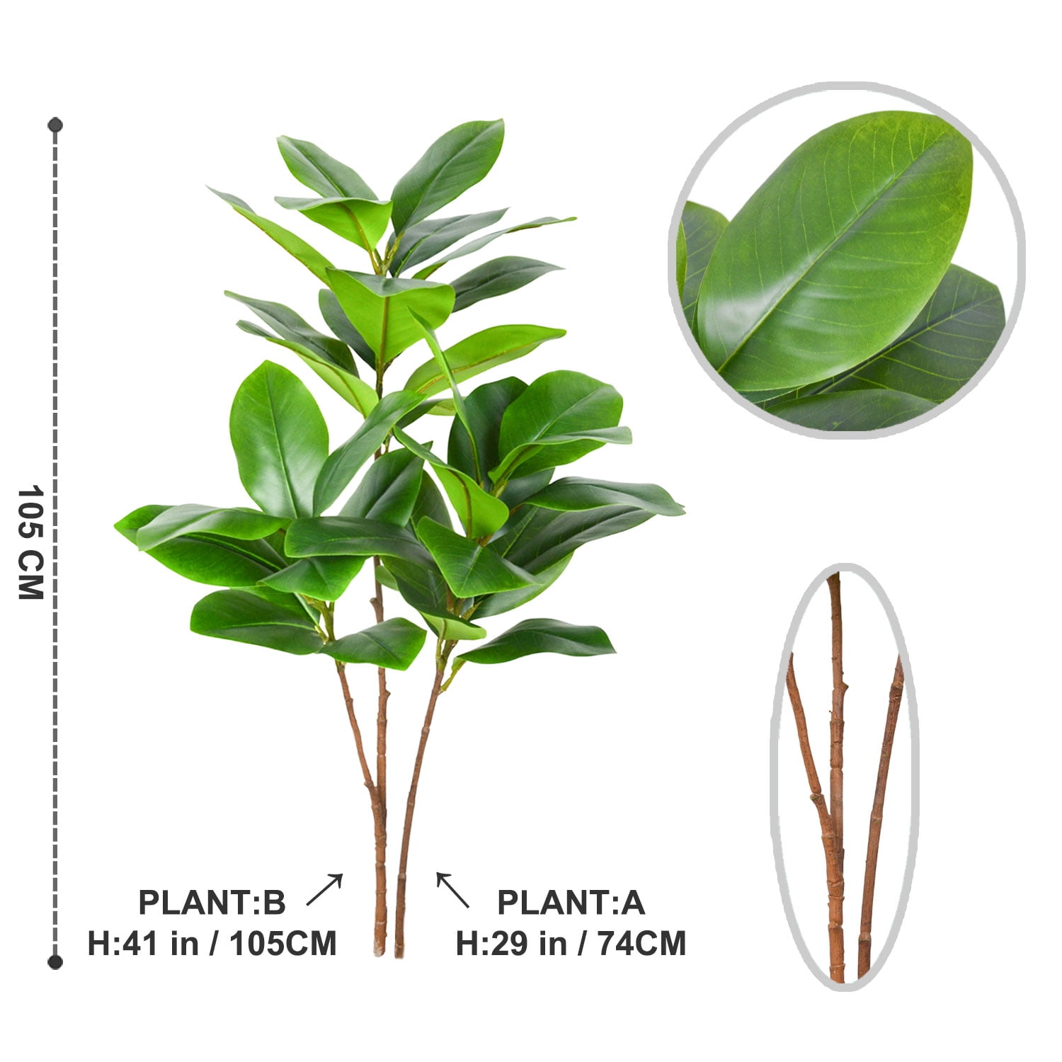 70/135cm Artificial Ficus Tree Branches Large Banyan Leaves Fake Rubber ...