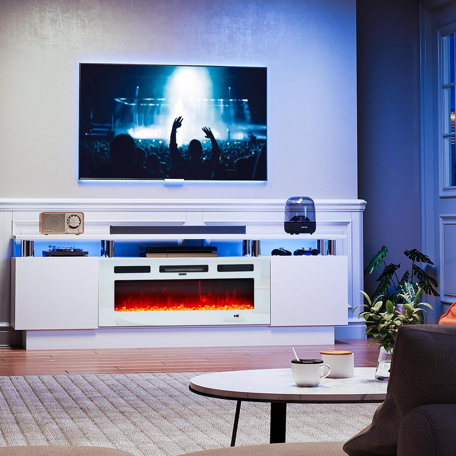 70" 2-Tier TV Console Stand with 36" Electric Fireplace, White Wood Grain Design, Adjustable ...