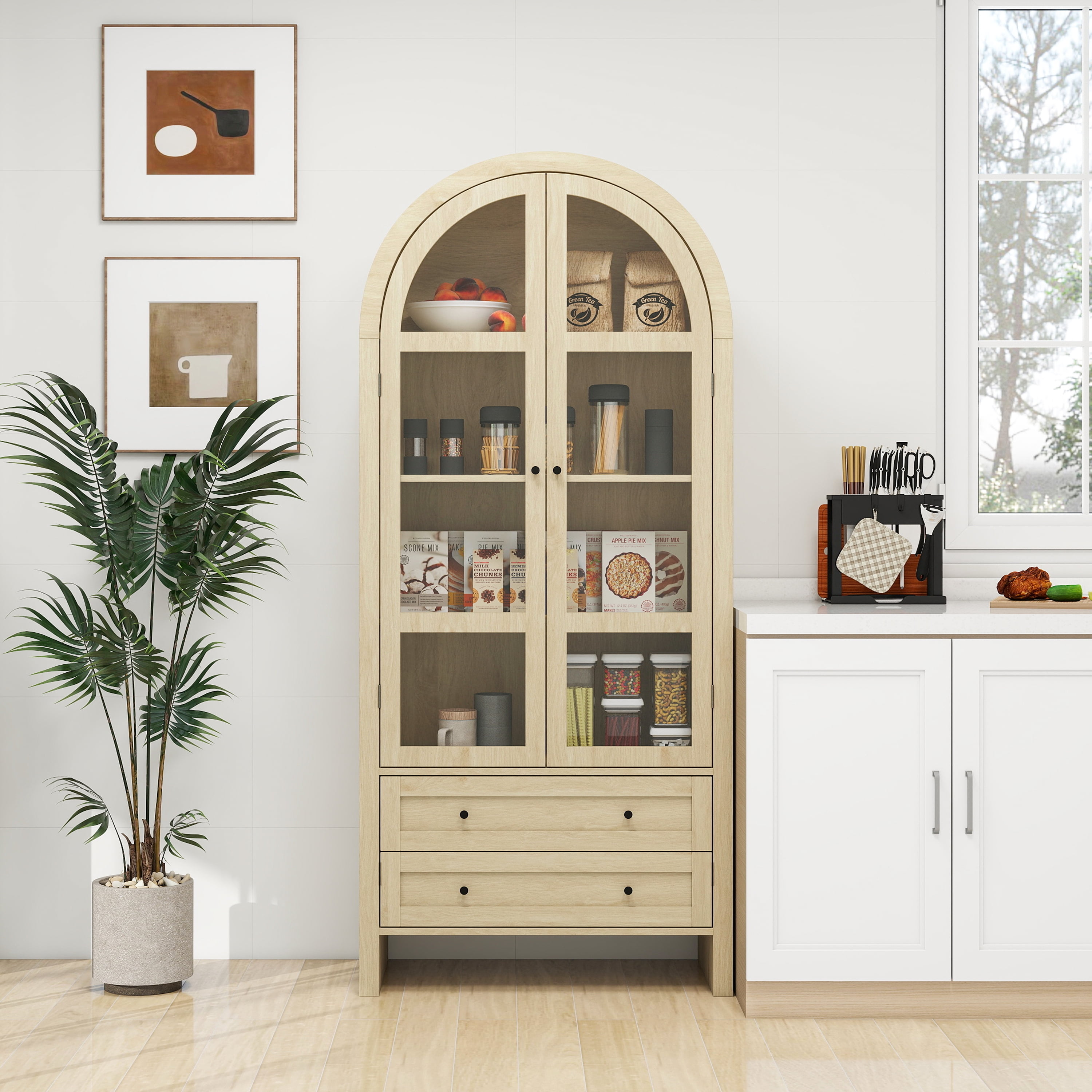 70.28" Tall Arched Kitchen Pantry, Modern Farmhouse Wood Kitchen ...