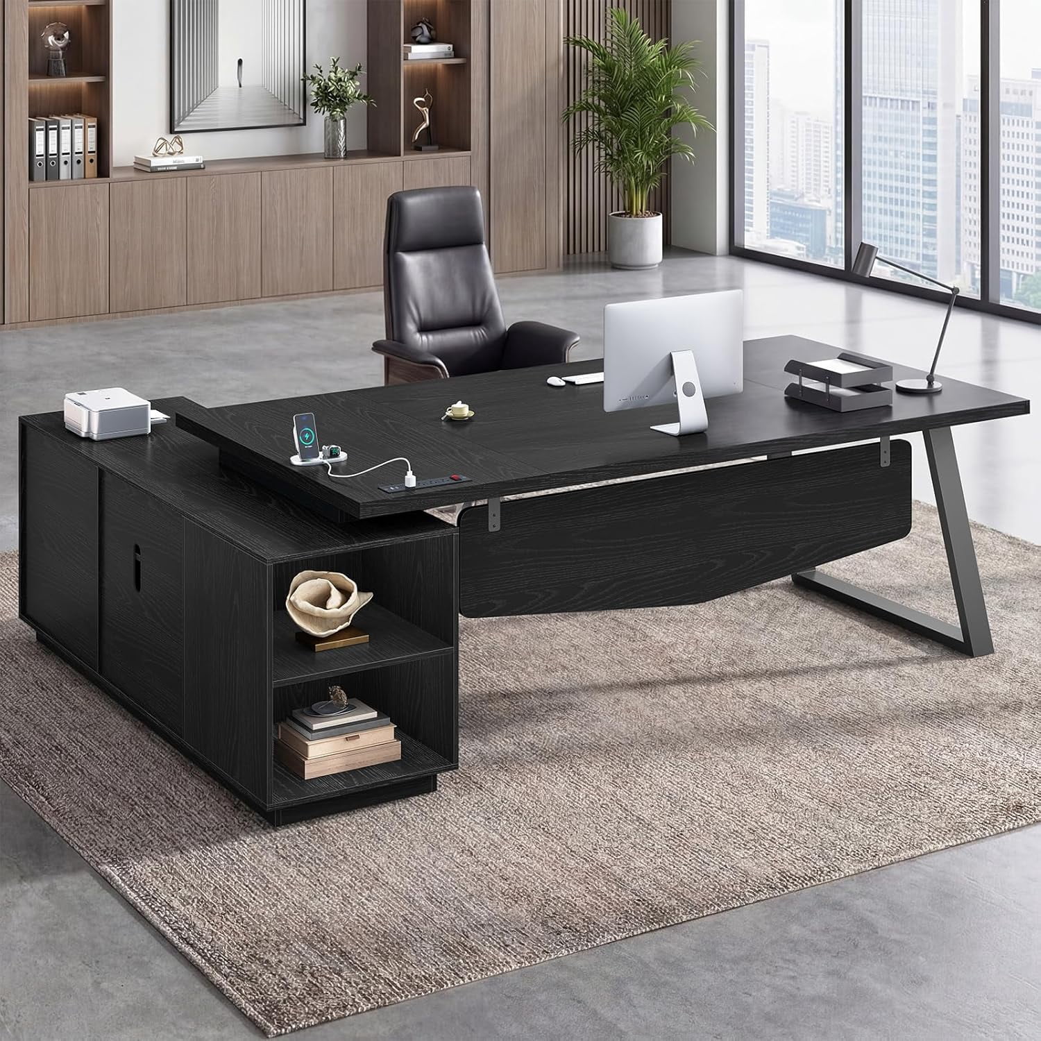 70.3 in L Shaped Executive Desk with Power Outlets, Large Home Office ...