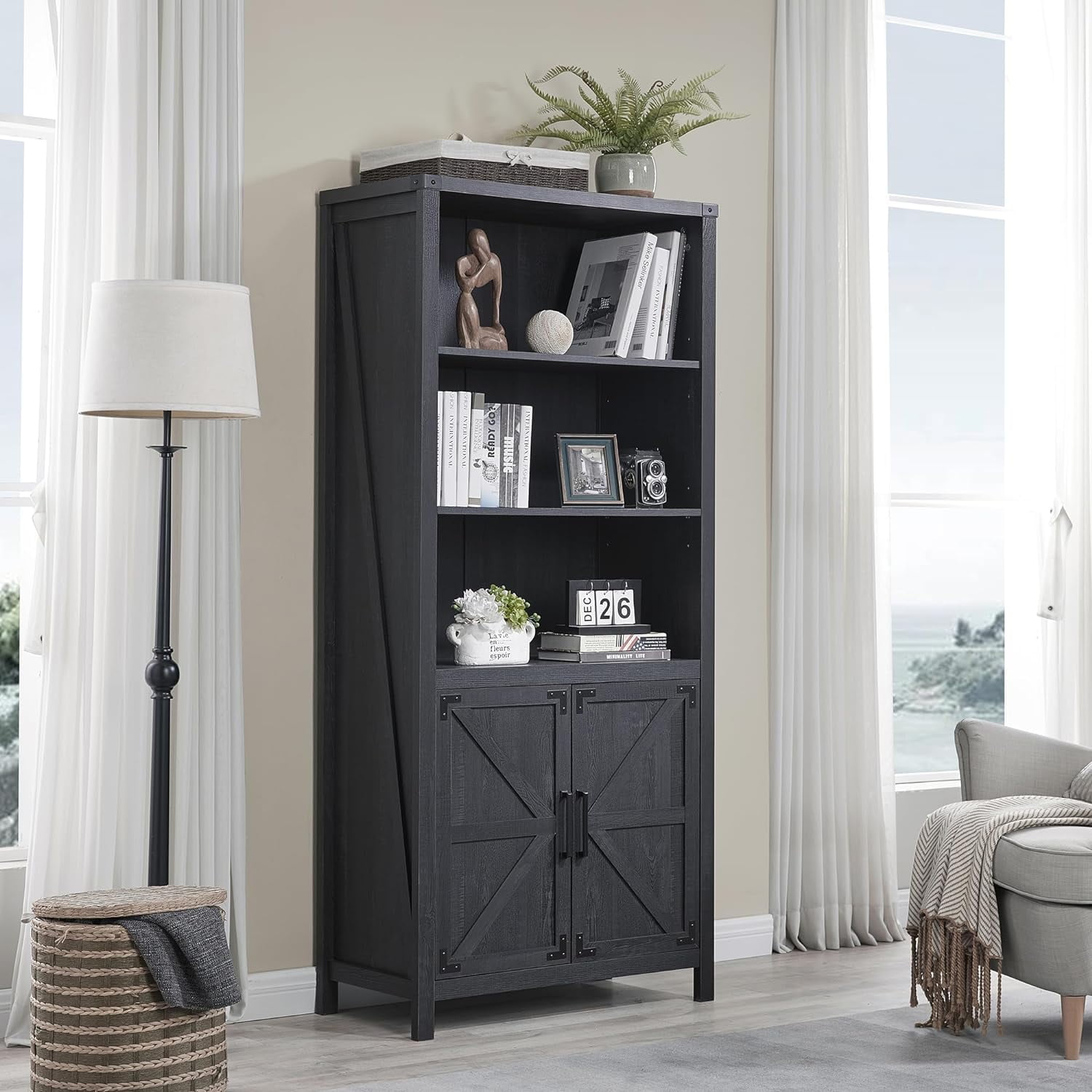 70" Farmhouse 5-Tier Bookshelf-Bookcase with Adjustable Shelves & Barn ...