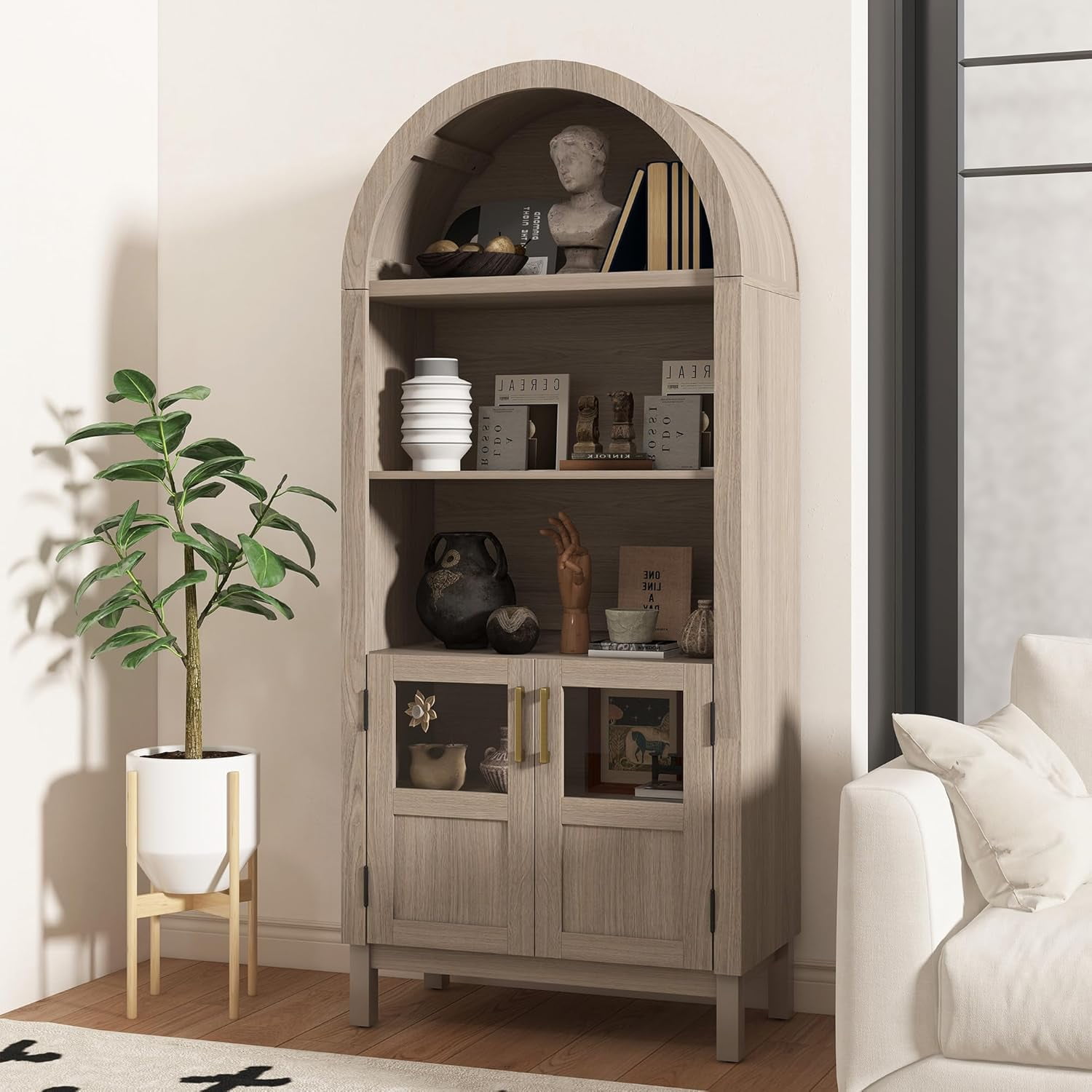 70" Tall Arched Cabinet 5-Tier Arch Bookshelf with Open & Adjustable ...