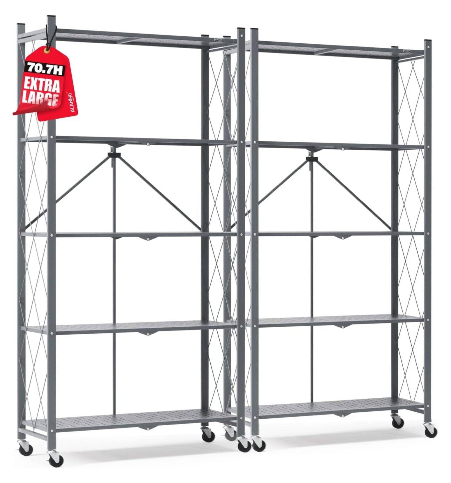 70.7" H Metal Storage Shelves, 5 Tier Folding Shelf on Wheels, Heavy ...