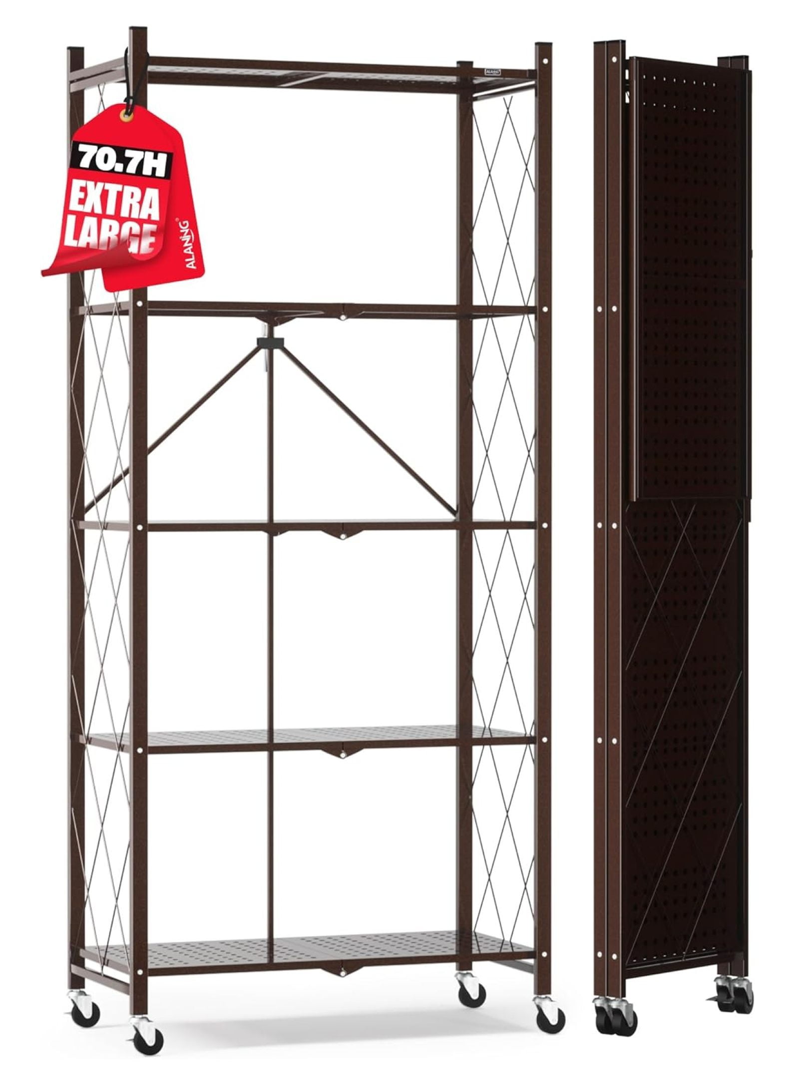 70.7" H Metal Storage Shelves, 5 Tier Folding Shelf on Wheels, Heavy ...