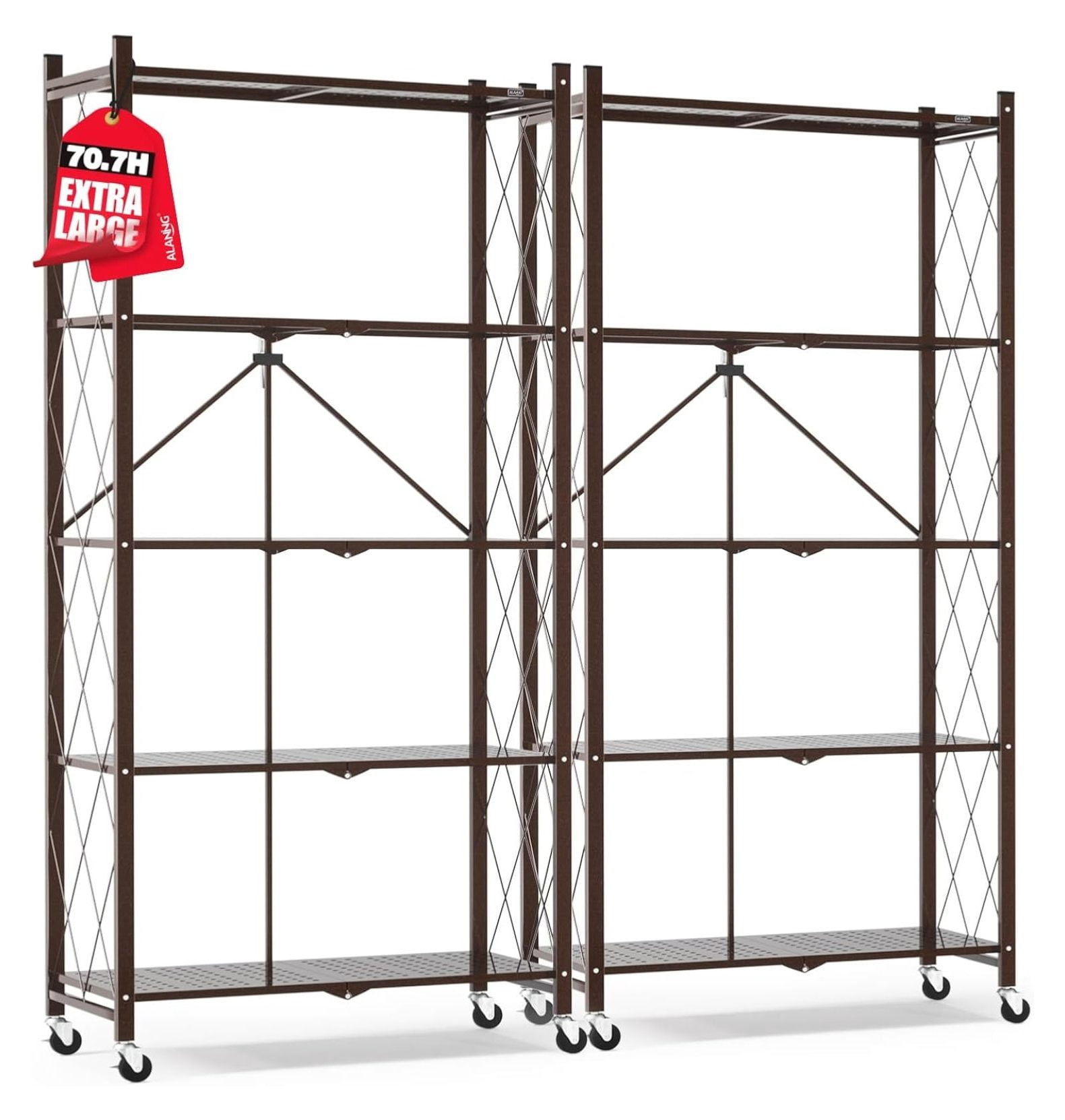 70.7" H Metal Storage Shelves, 5 Tier Folding Shelf on Wheels, Heavy ...