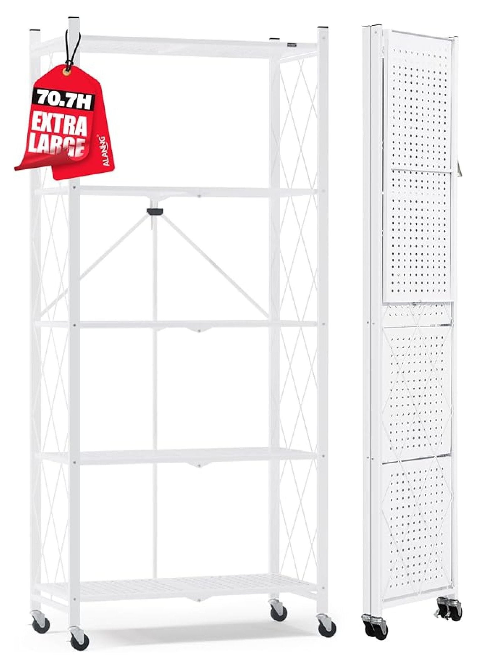 70.7" H Metal Storage Shelves, 5 Tier Folding Shelf on Wheels, Heavy ...