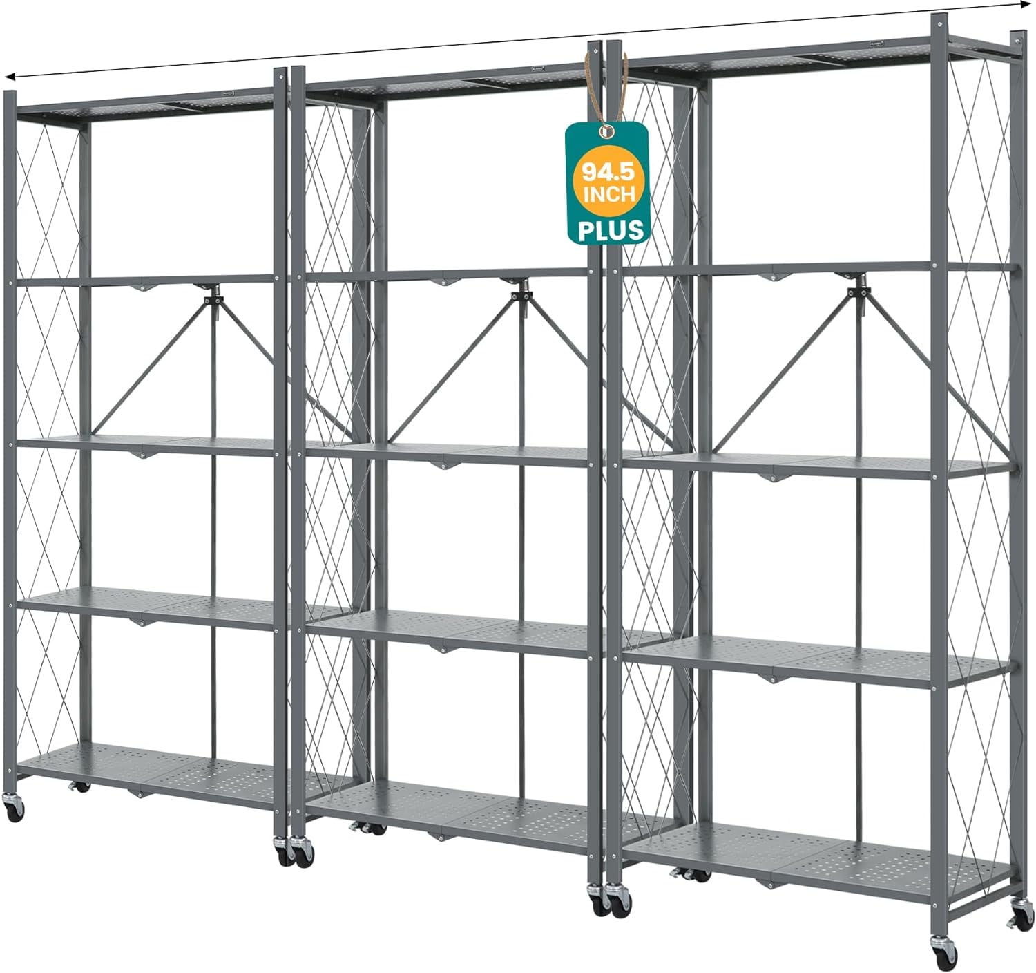 70.7" H Metal Storage Shelves, 5 Tier Folding Storage Shelves on Wheels ...