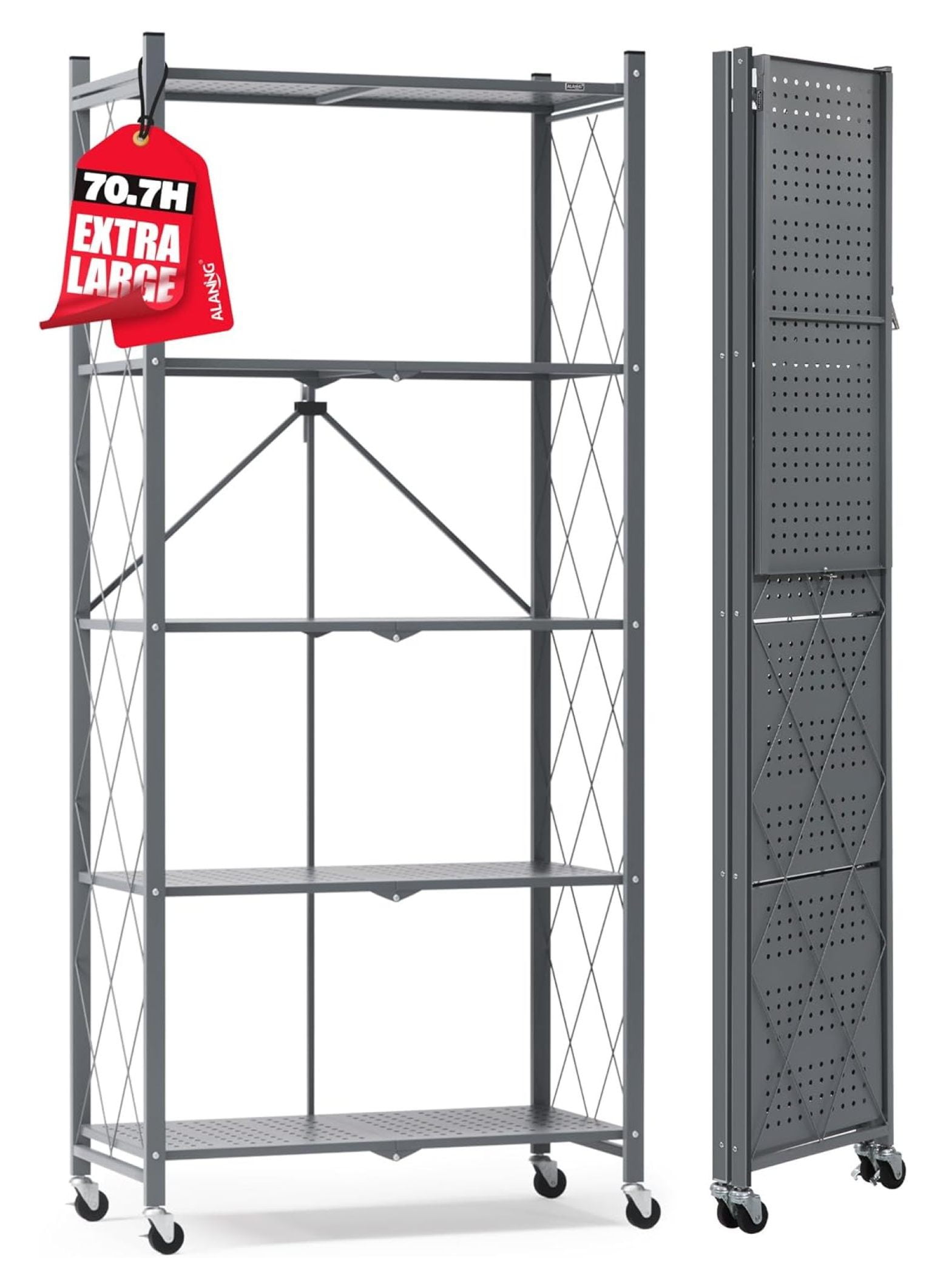 70.7" H Metal Storage Shelves, 5 Tier Folding Storage Shelves on Wheels ...