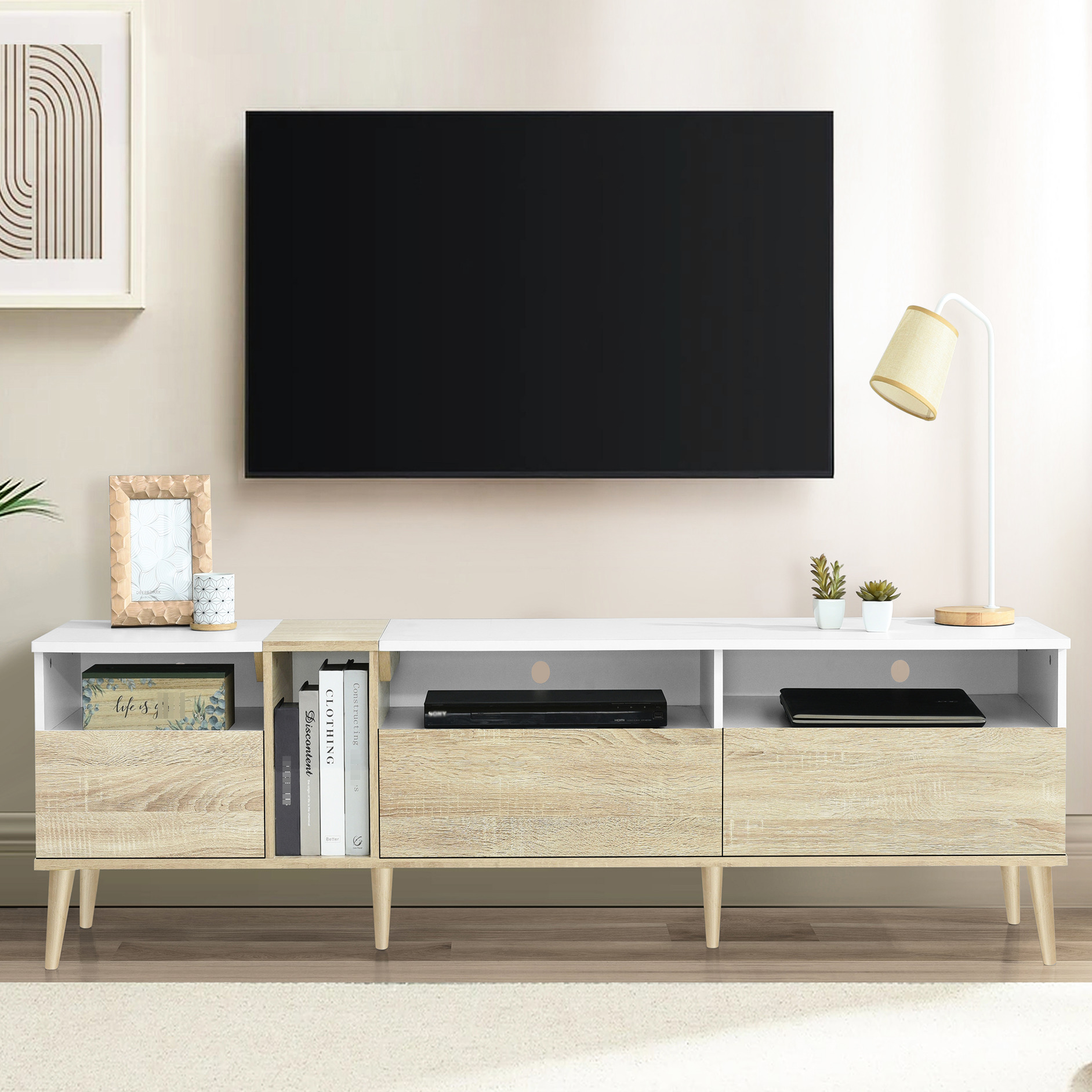 70-79" Tv Stand With Concealed Storage, 3 Drawers & Open Shelves ...