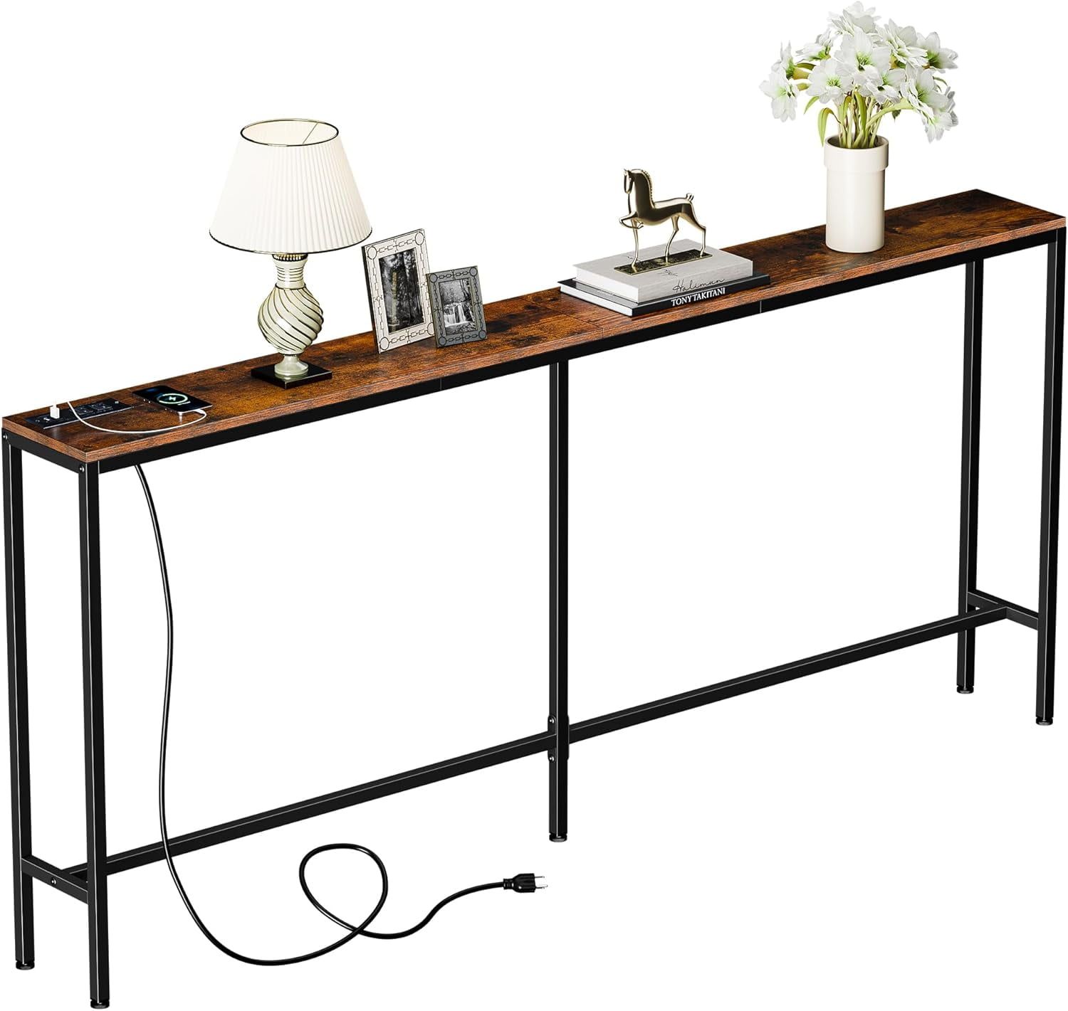 70.8" Console Table with Power Outlet, Wood Narrow Sofa Platform with ...