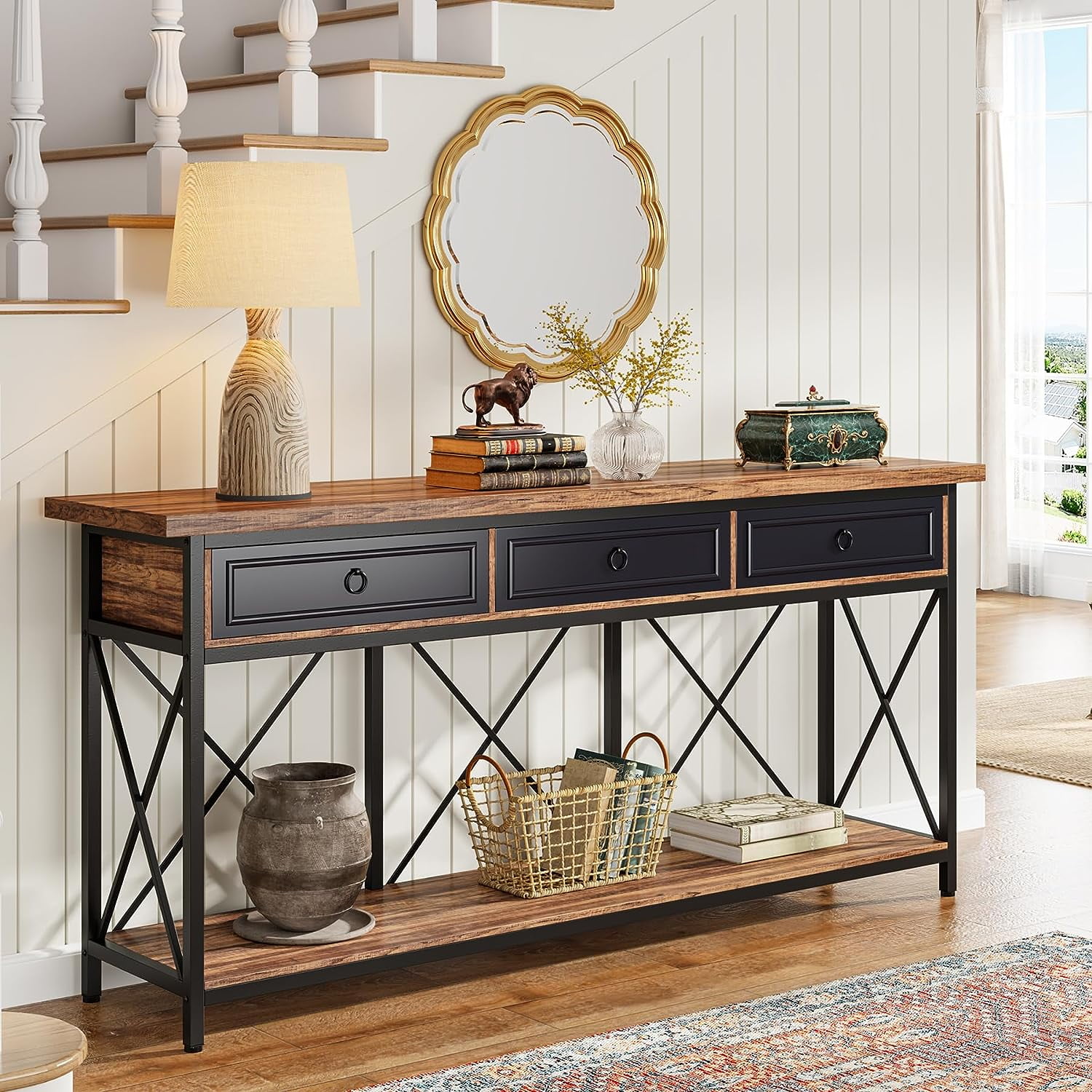 70.8" Console Table with 3 Drawers, Farmhouse Entryway Table with ...