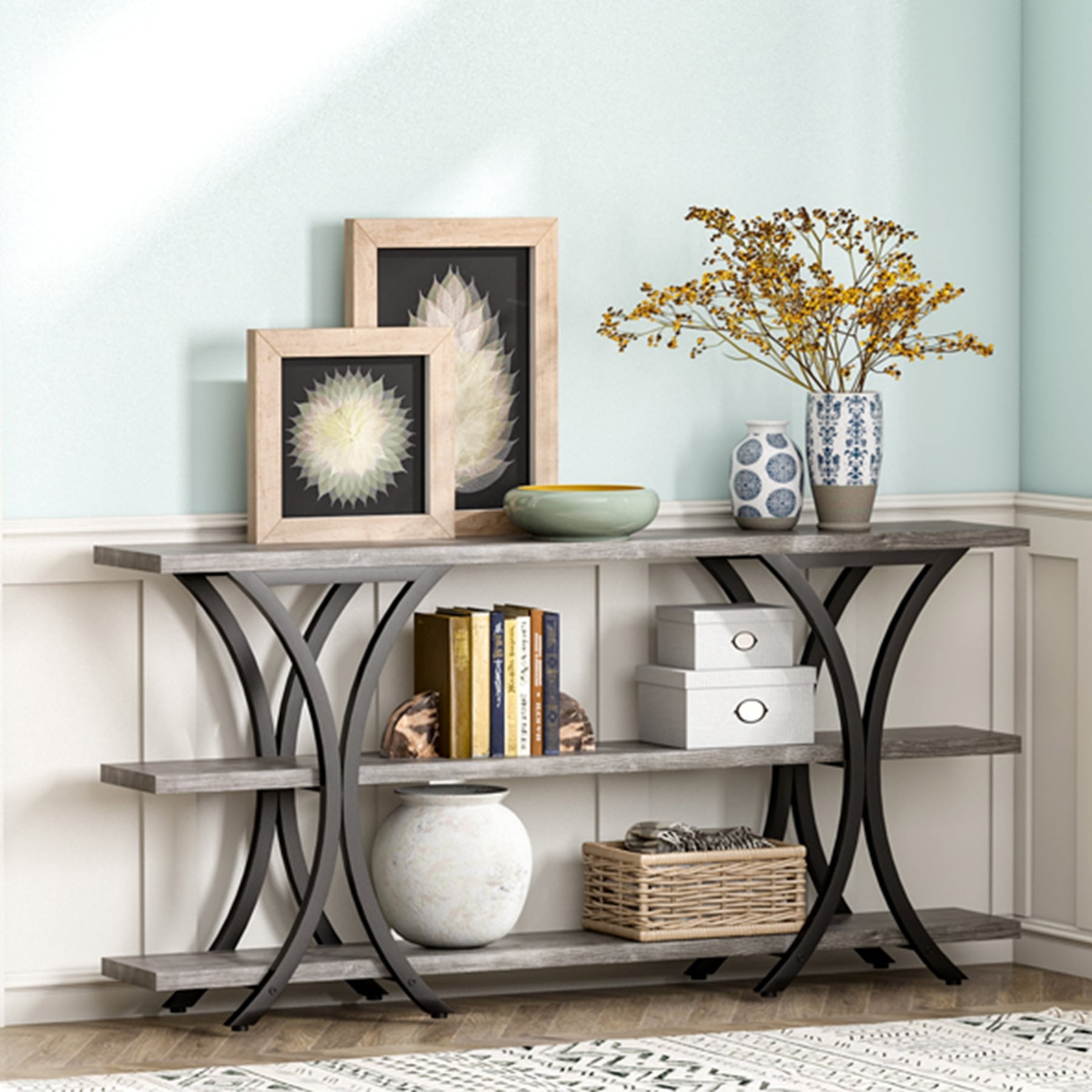 70.8 Inch Narrow Console Table with 3 Tier Shelves 3 and 4 Legs Grey ...