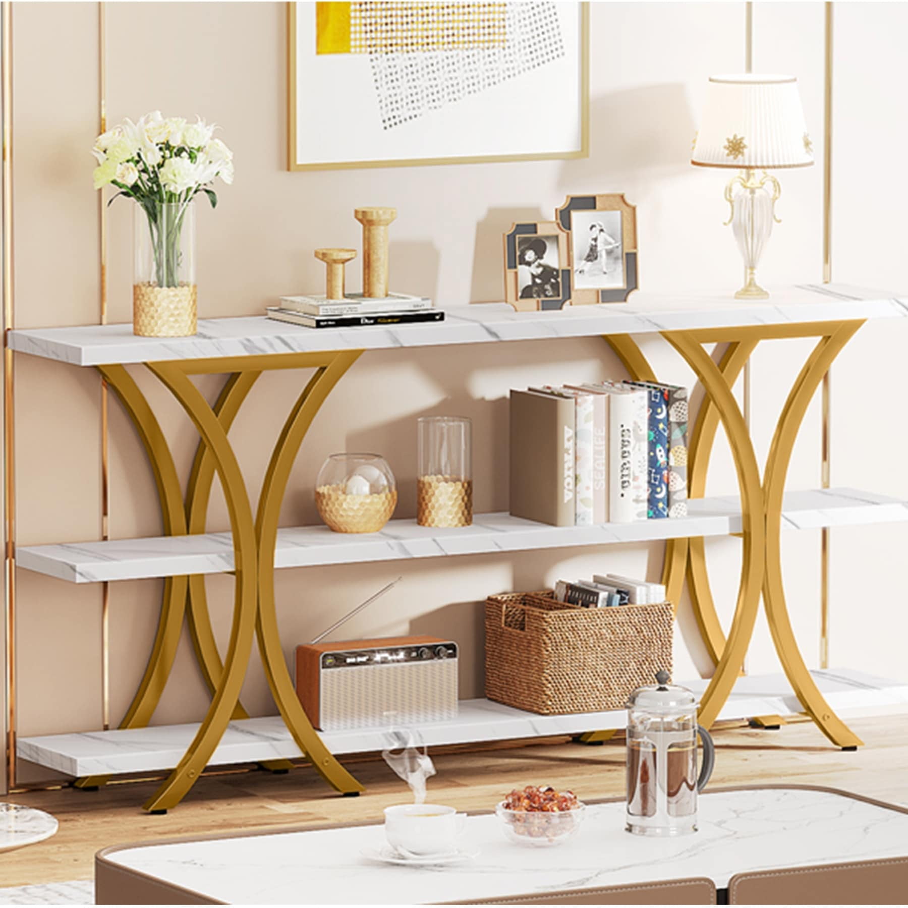 70.8 Inch Narrow Console Table with 3 Tier Shelves Base Gold Metal ...