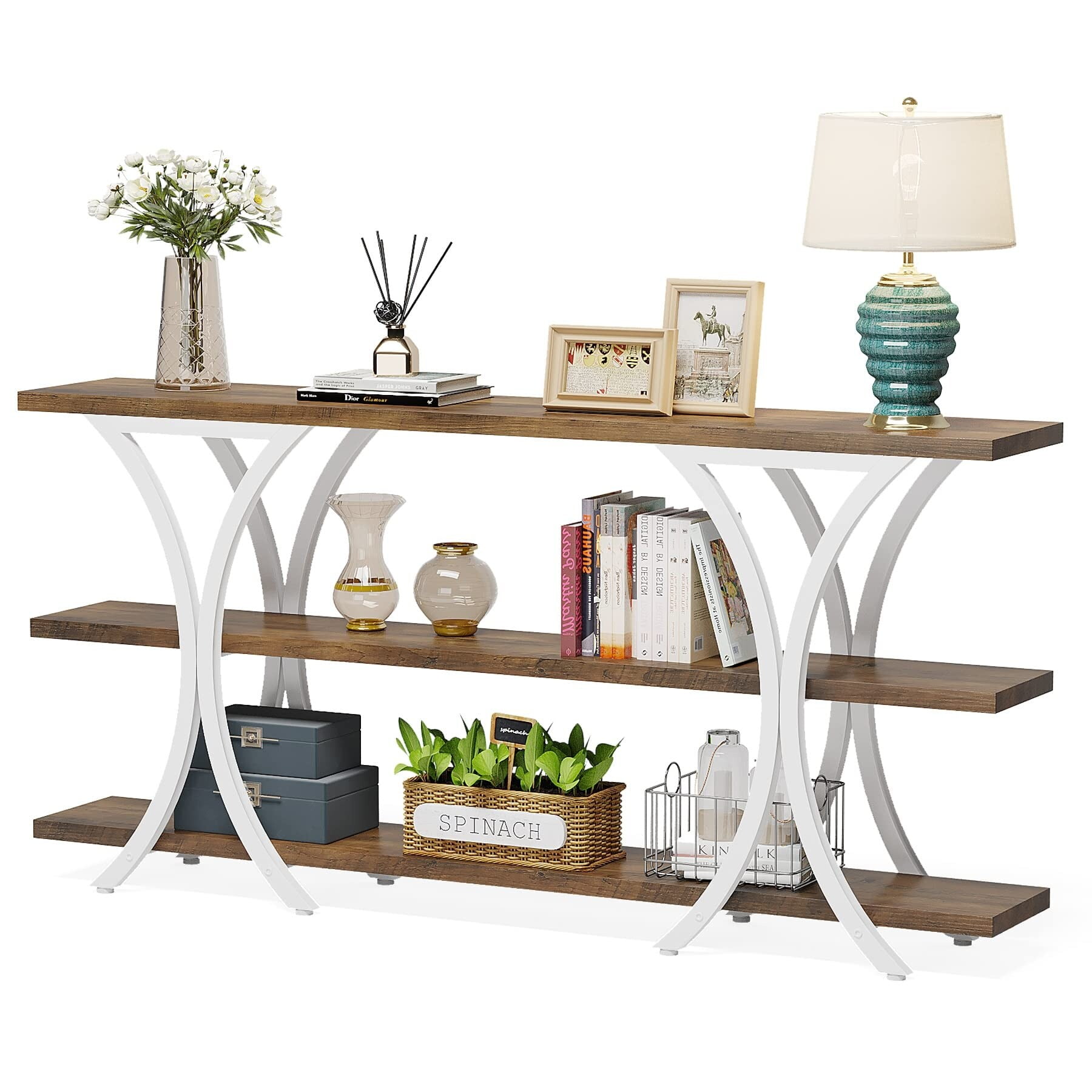 70.8 Inch Narrow Console Table with 3 Tier Shelves Legs Brown/White N/A ...
